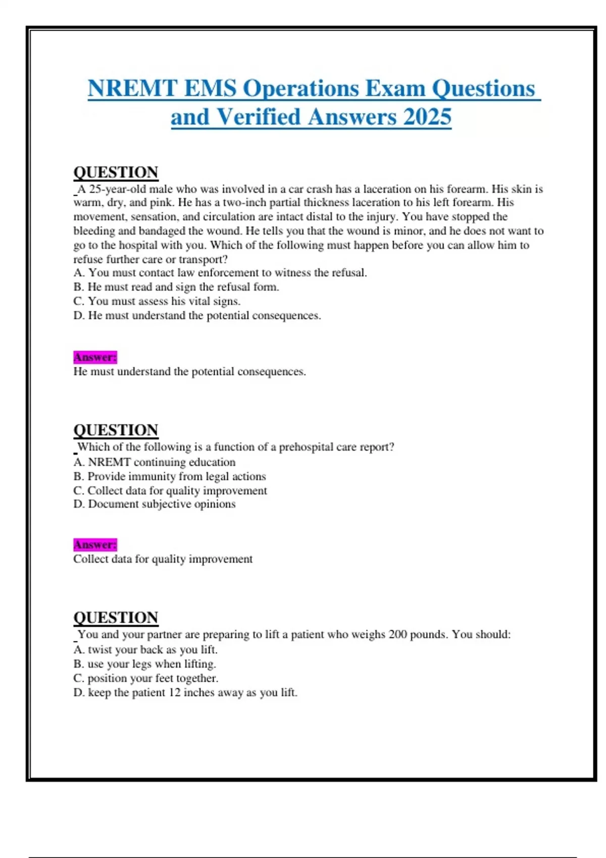 NREMT EMS Operations Exam Questions and Verified Answers 2025 - NREMT ...