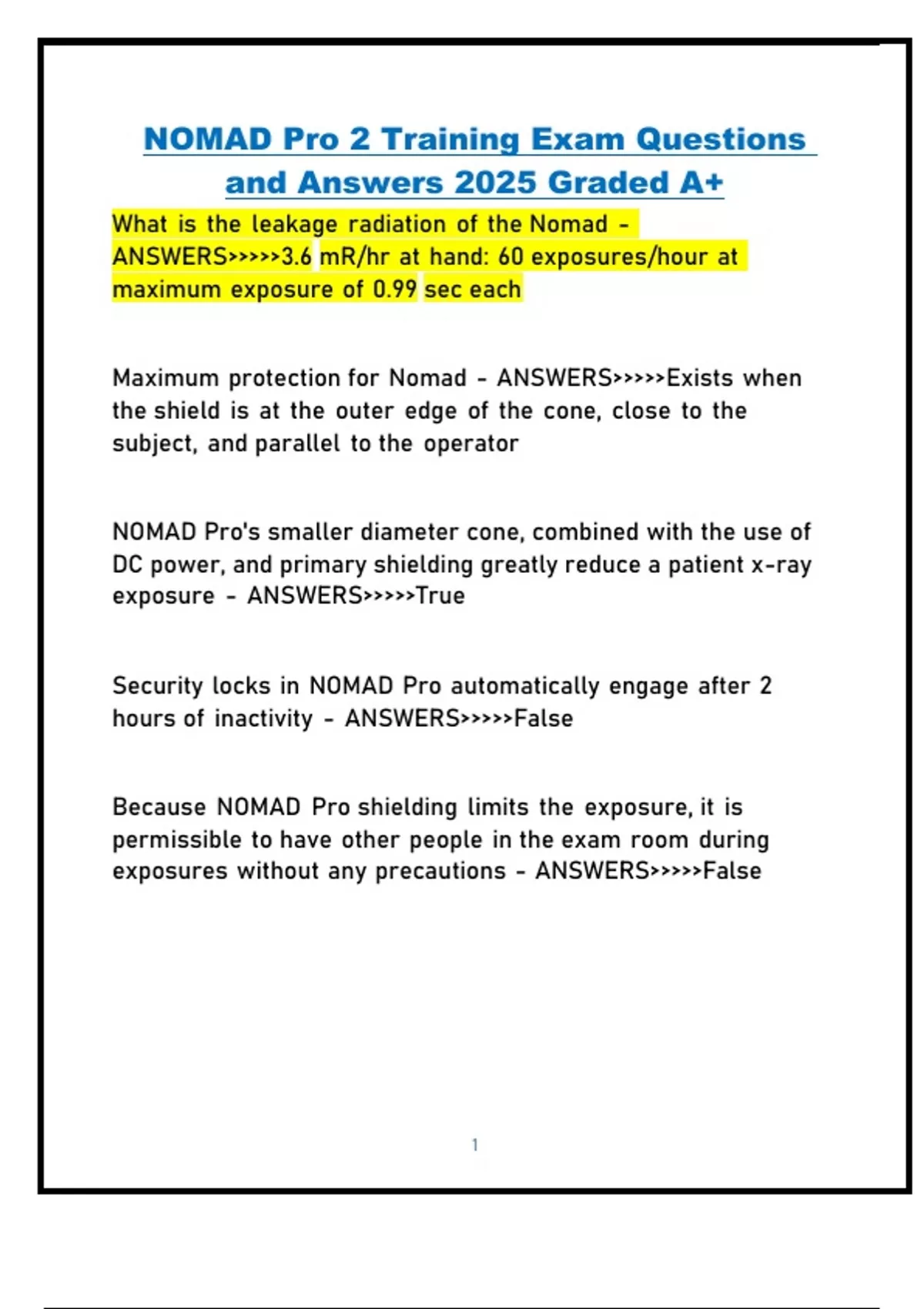 NOMAD Pro 2 Training Exam Questions and Answers 2025 Graded A+. - NOMAD ...