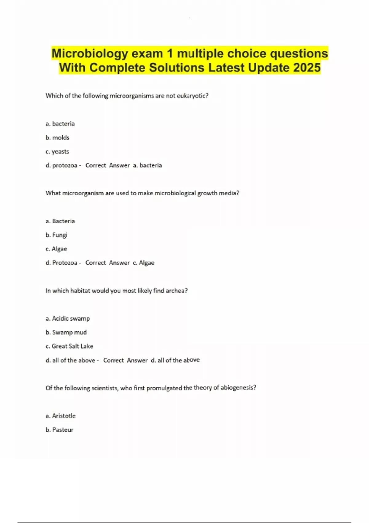 Microbiology exam 1 multiple choice questions With Complete Solutions ...