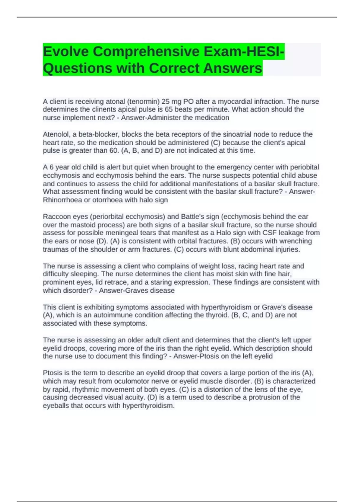 Evolve Comprehensive Exam-HESI-Questions with Correct Answers - EVOLVE ...