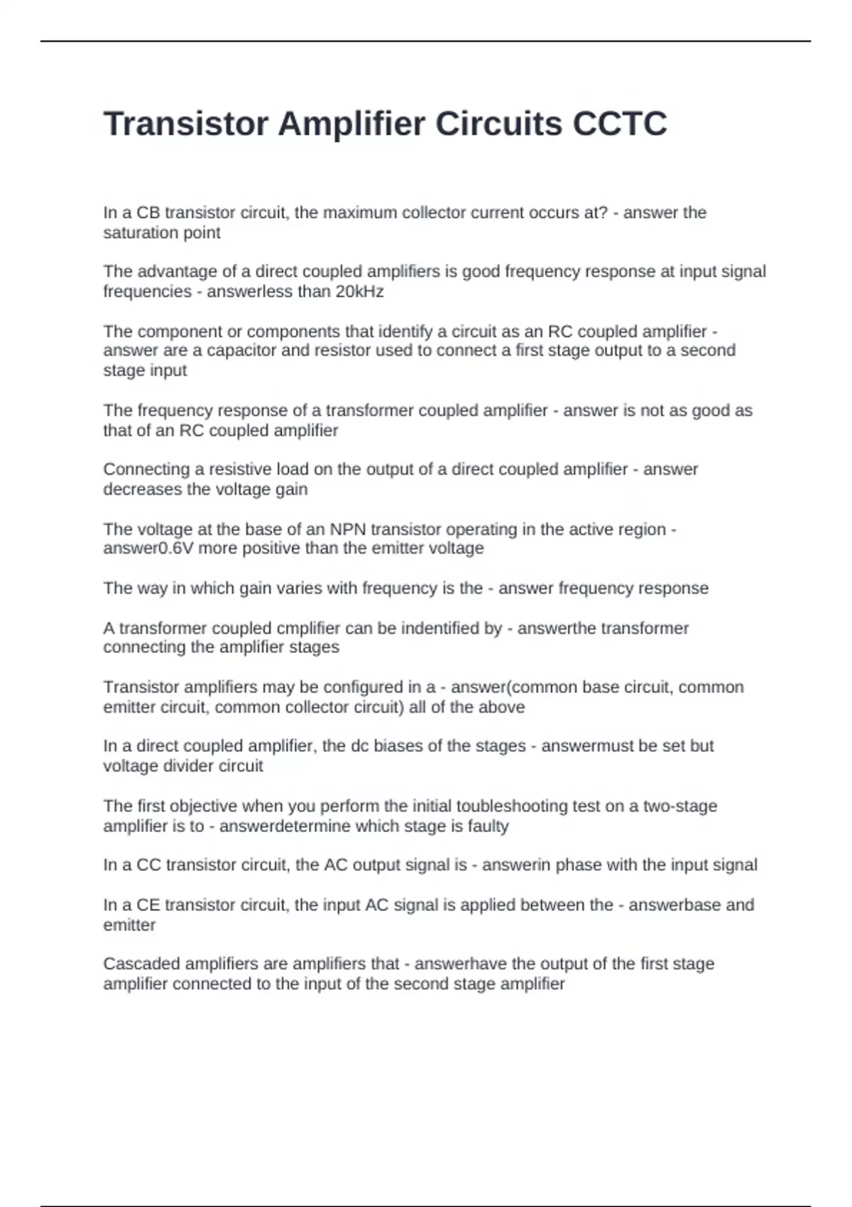 Transistor Amplifier Circuits CCTC Questions and Answers 2025 - CCTC ...