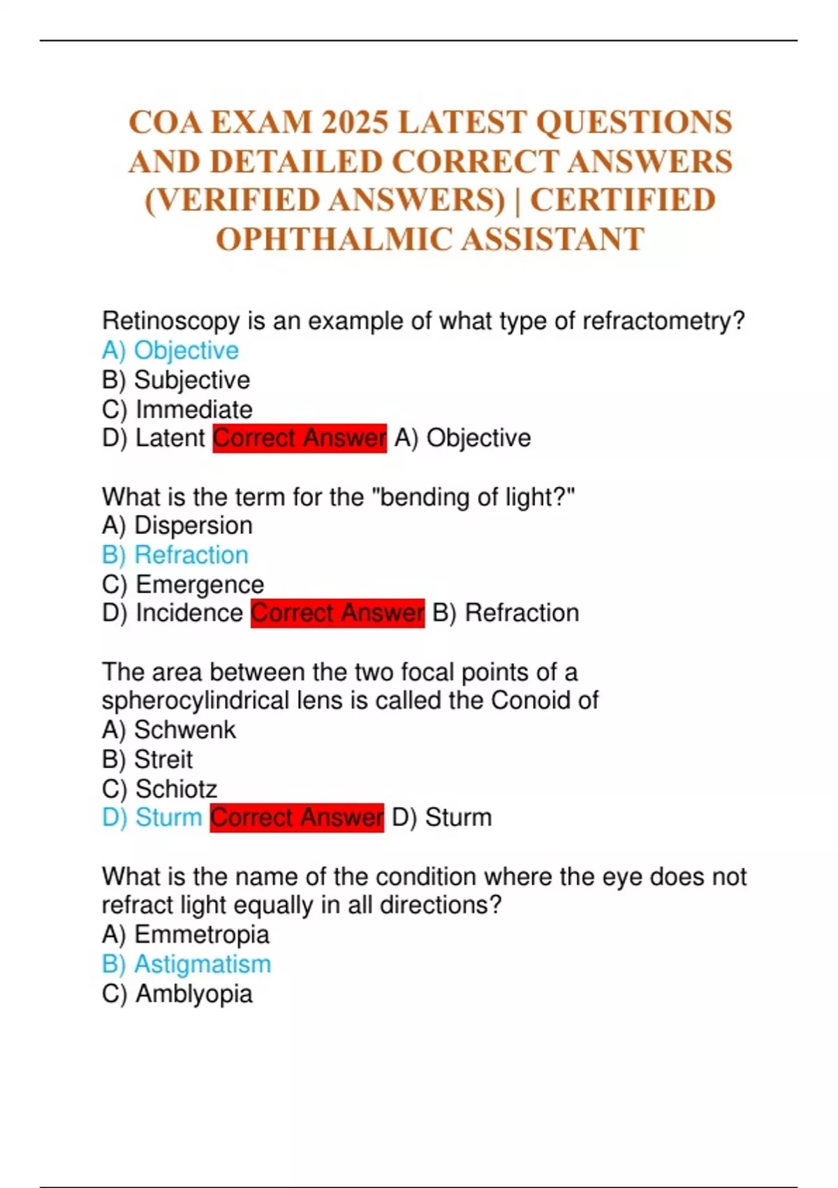 COA EXAM 2025 LATEST QUESTIONS AND DETAILED CORRECT ANSWERS (VERIFIED ...