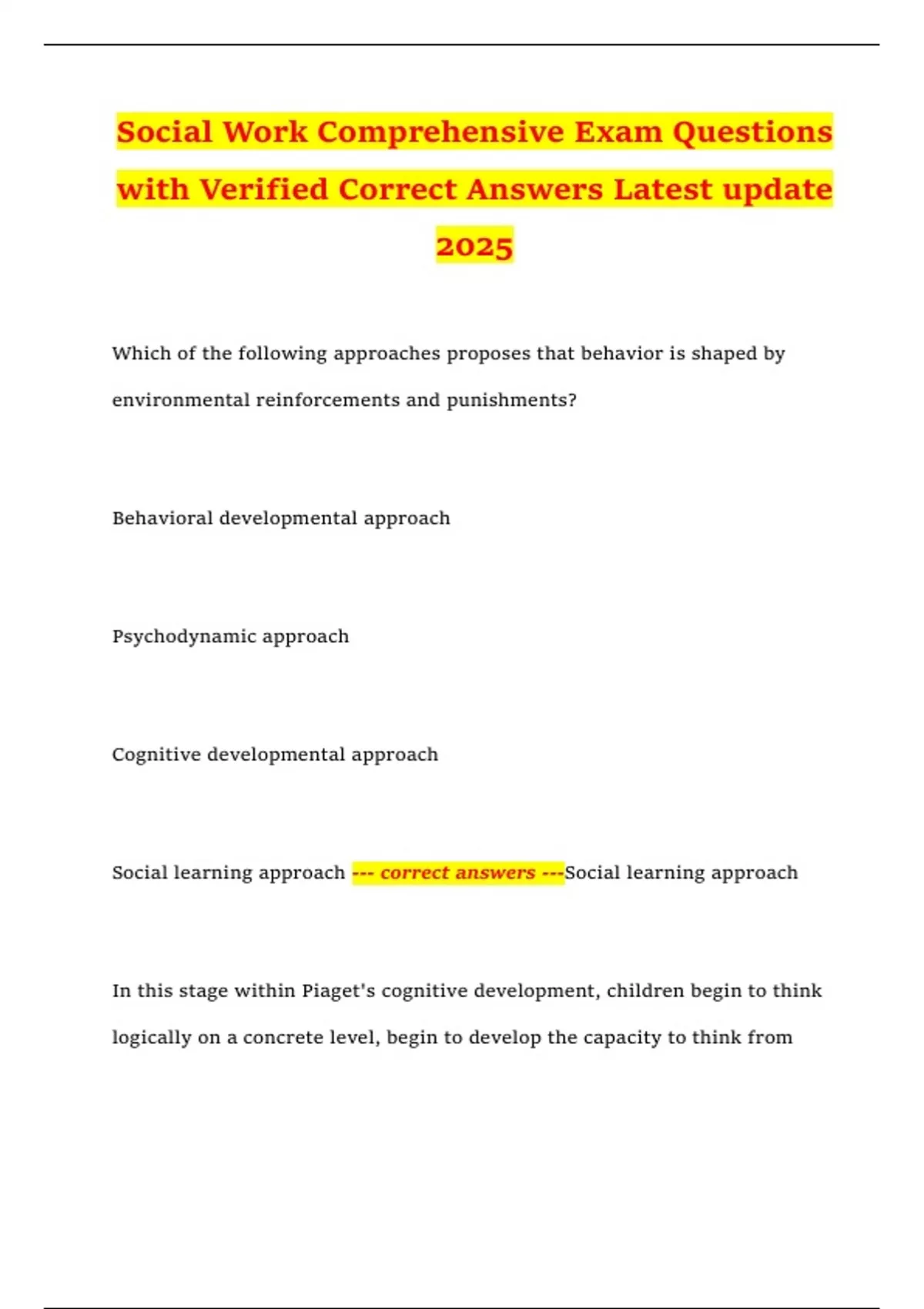 Social Work Comprehensive Exam Questions with Verified Correct Answers ...