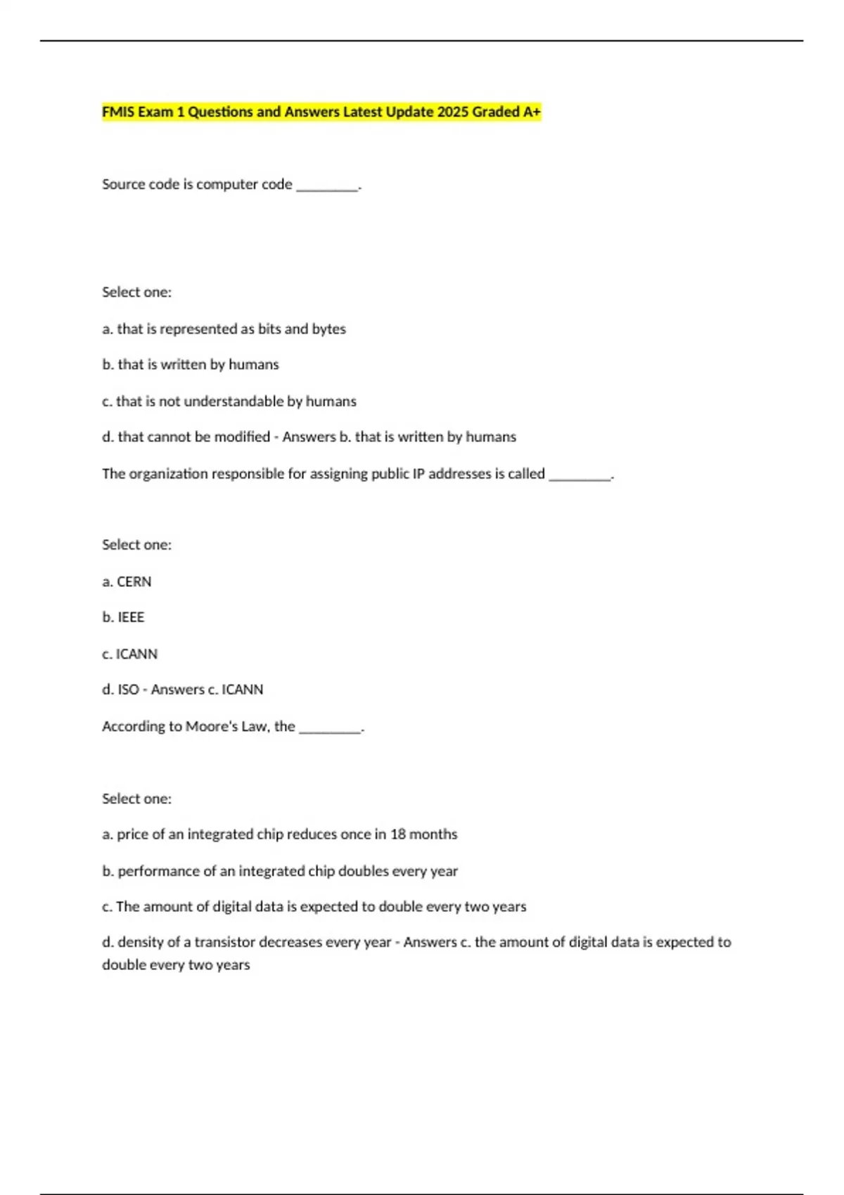 FMIS Exam 1 Questions and Answers Latest Update 2025 Graded A+ - FMIS ...