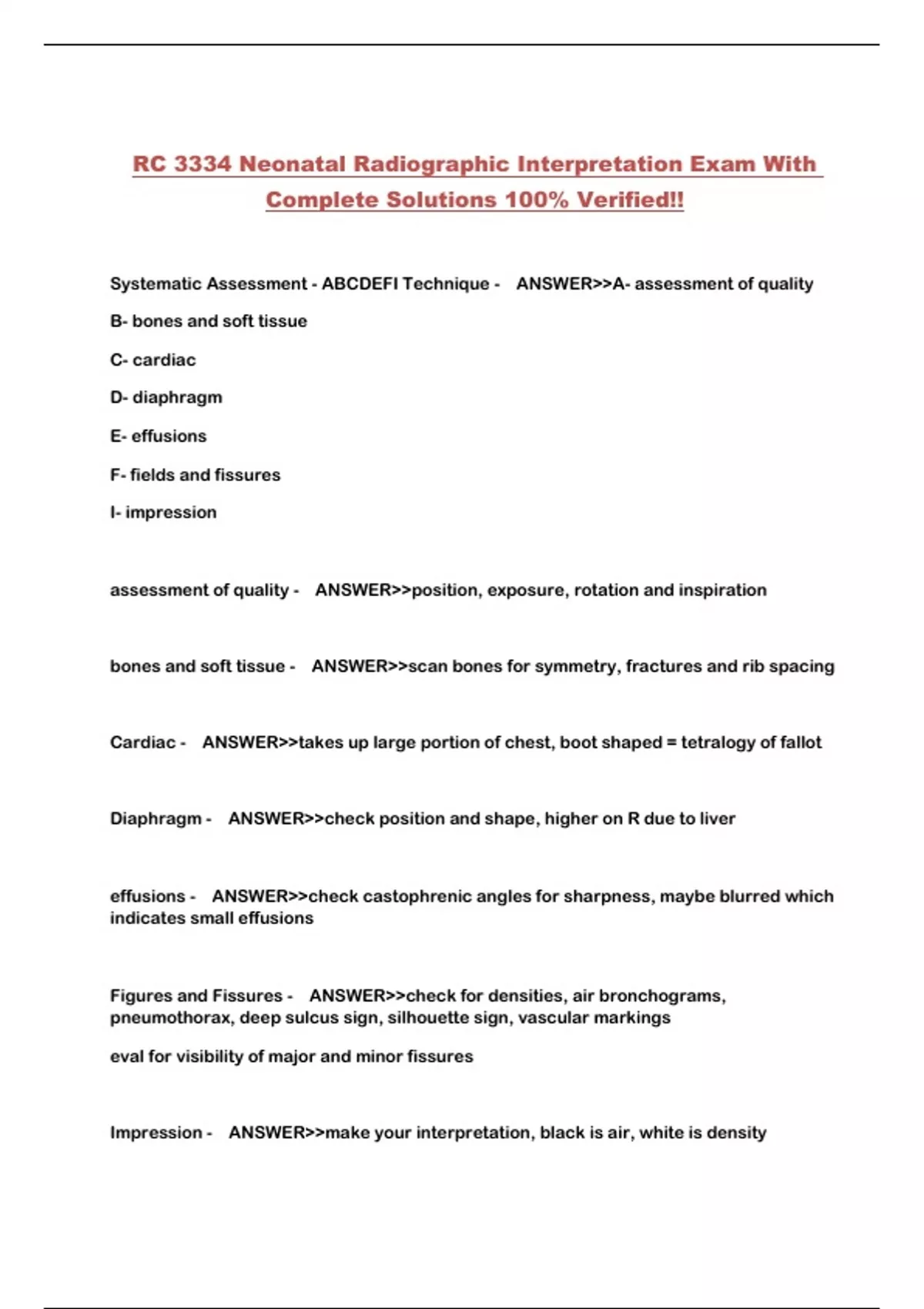 RC 3334 Neonatal Radiographic Interpretation Exam With Complete ...