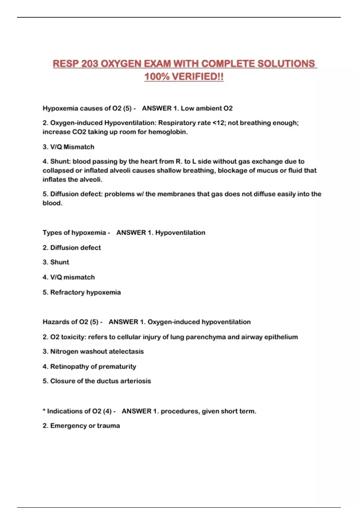 RESP 203 OXYGEN EXAM WITH COMPLETE SOLUTIONS 100% VERIFIED!! - RESP 203 ...