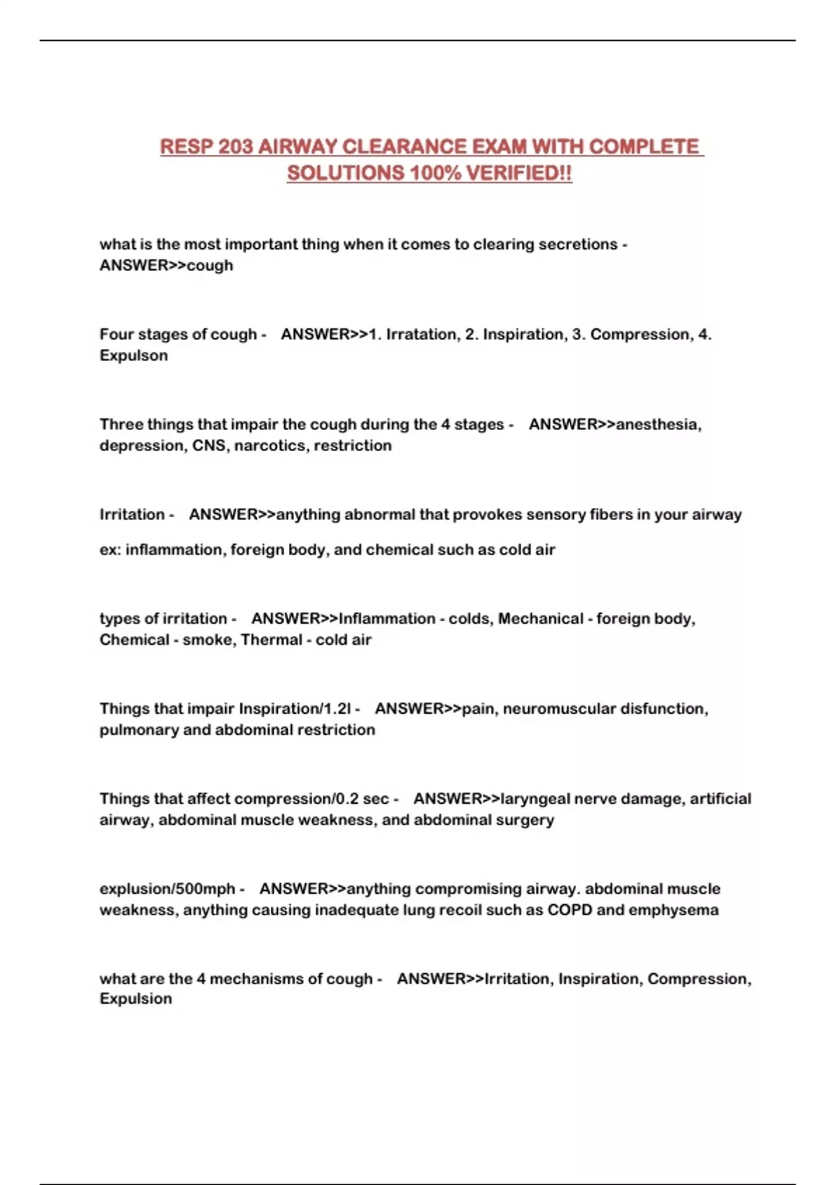 RESP 203 AIRWAY CLEARANCE EXAM WITH COMPLETE SOLUTIONS 100% VERIFIED ...