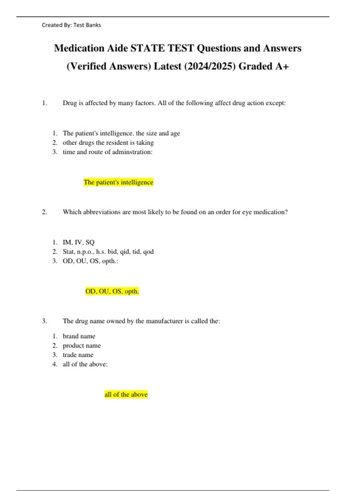 Medication Aide State Test exam 1 2025 questions and answers - Med Aide ...