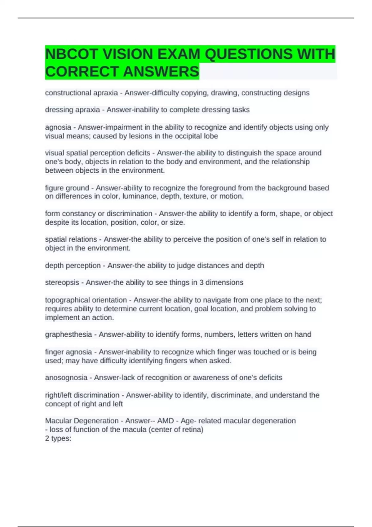 NBCOT VISION EXAM QUESTIONS WITH CORRECT ANSWERS - NBCOT - Stuvia US