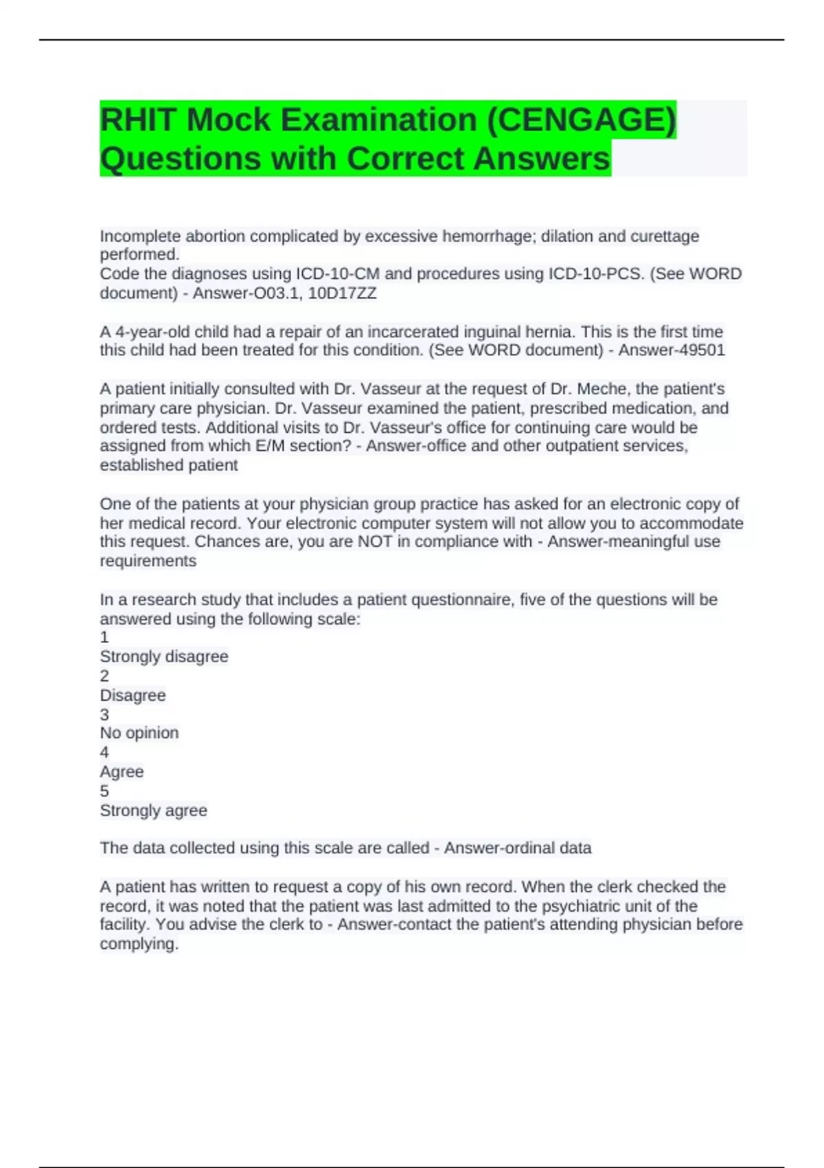 RHIT Mock Examination (CENGAGE) Questions with Correct Answers - RHIT ...