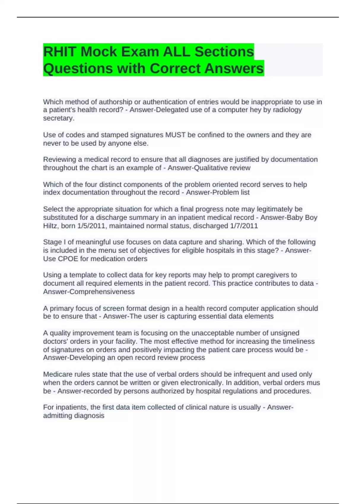 RHIT Mock Exam ALL Sections Questions with Correct Answers - RHIT ...