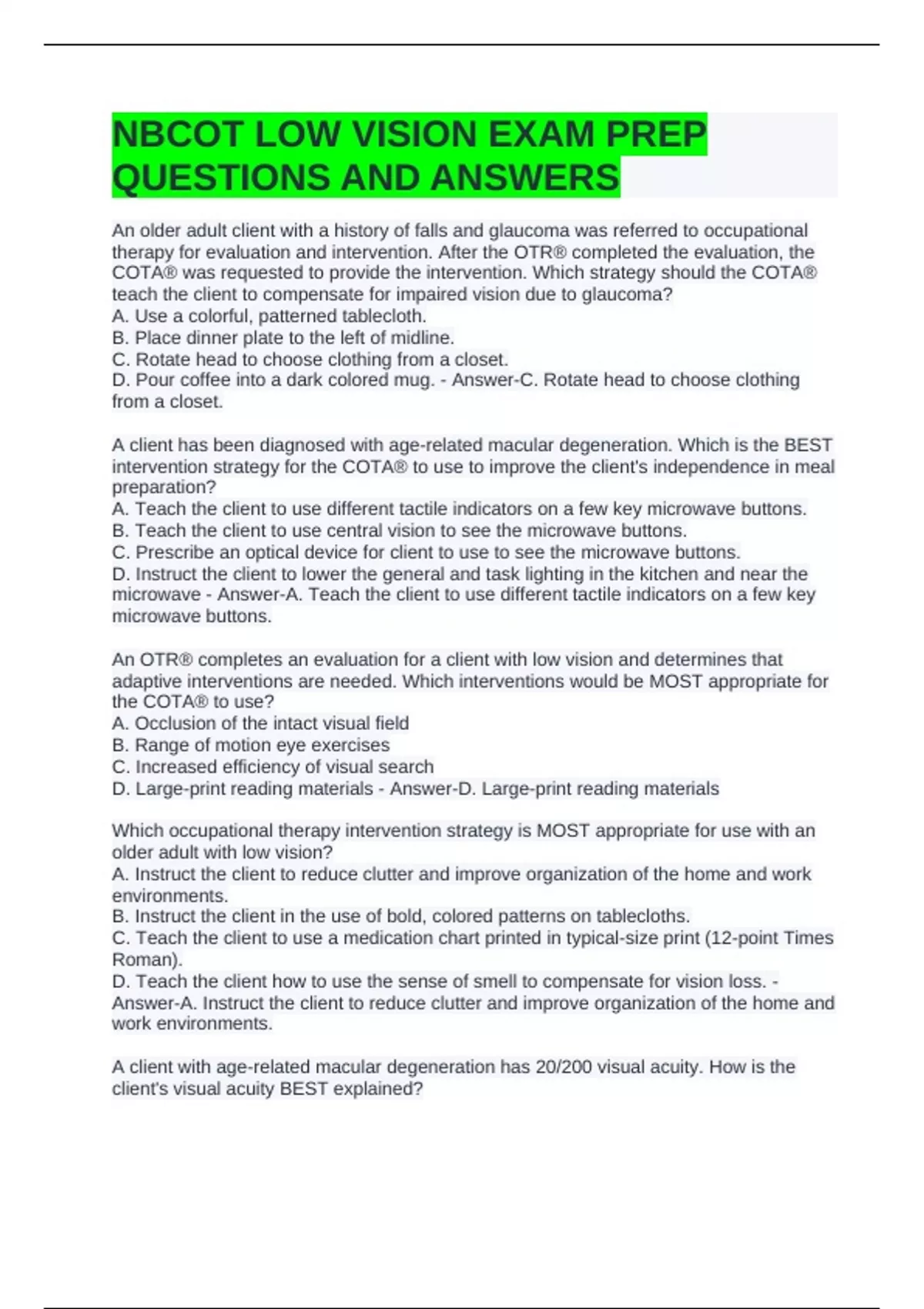 NBCOT LOW VISION EXAM PREP QUESTIONS AND ANSWERS - NBCOT - Stuvia US