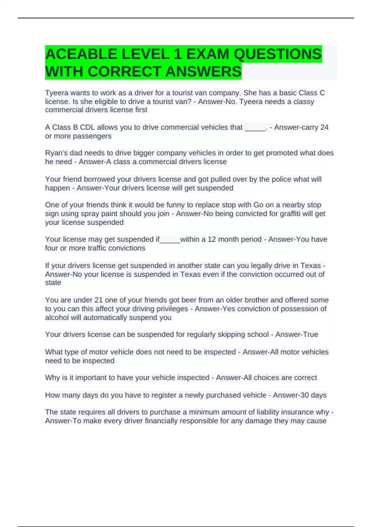 ACEABLE LEVEL 1 EXAM QUESTIONS WITH CORRECT ANSWERS - ACEABLE - Stuvia US