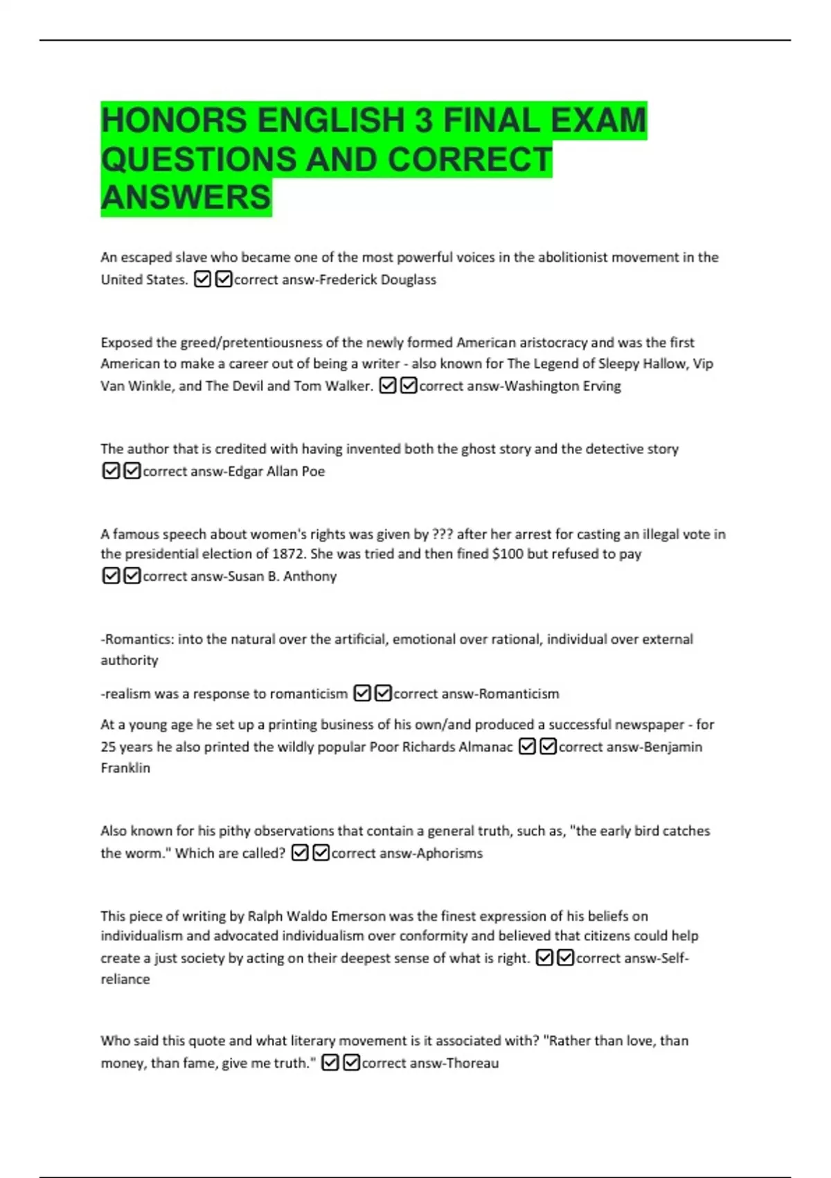 HONORS ENGLISH BUNDLE EXAMS WITH COMPLETE SOLUTIONS - Stuvia US