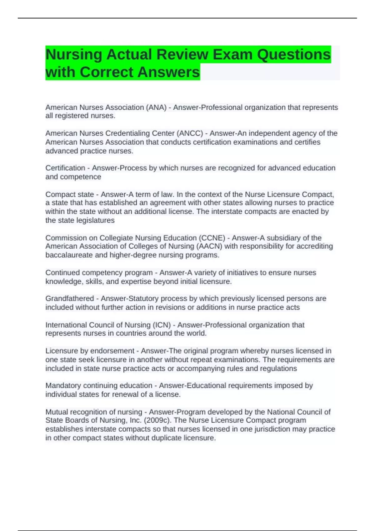 Nursing Actual Review Exam Questions with Correct Answers - Nursing ...