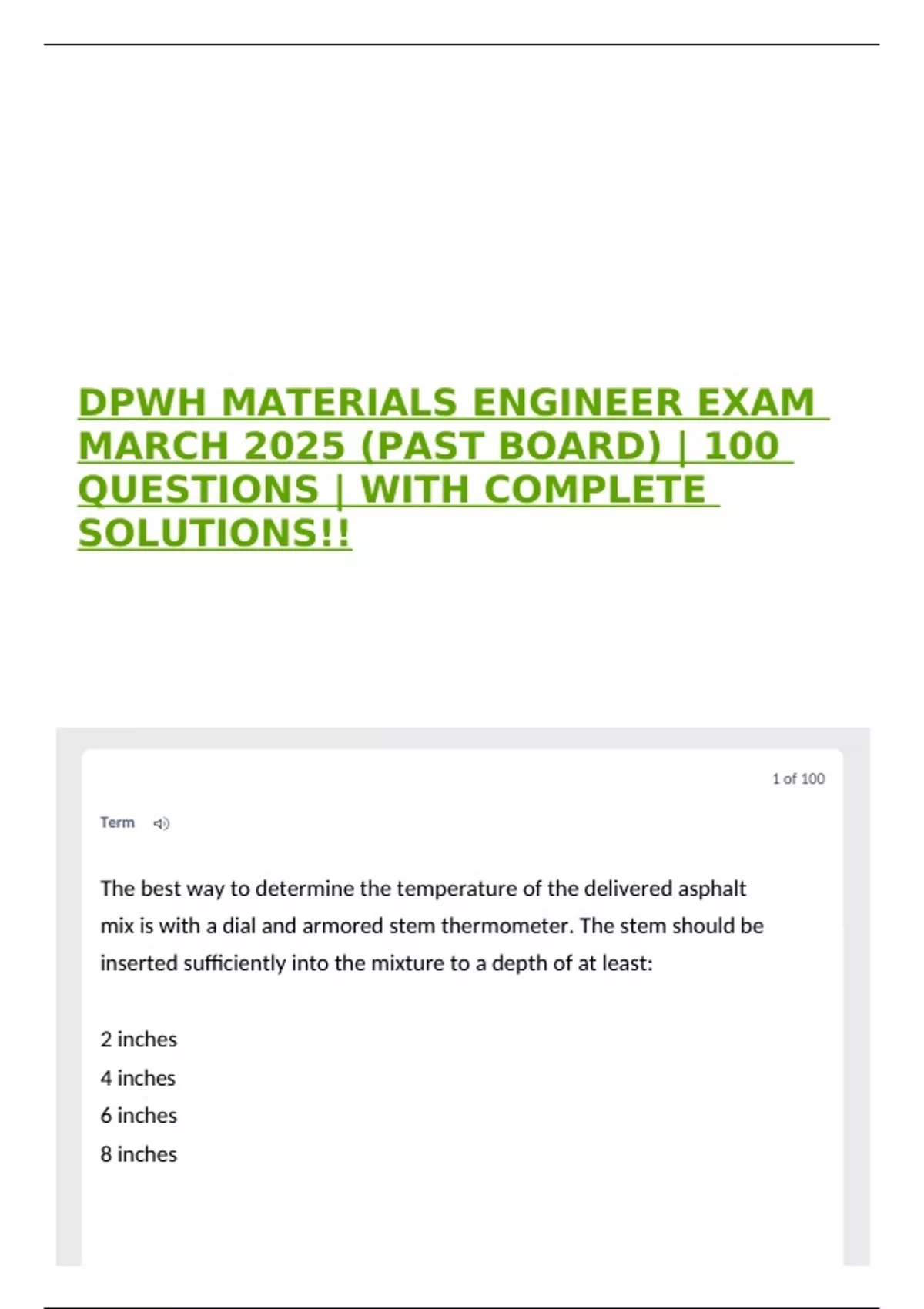 DPWH MATERIALS ENGINEER EXAM MARCH 2025 (PAST BOARD) | 100 QUESTIONS | WITH COMPLETE SOLUTIONS ...