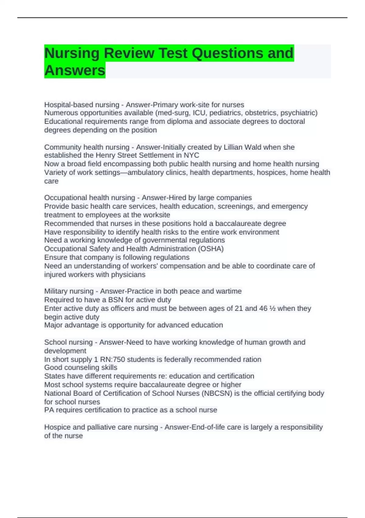 Nursing Review Test Questions and Answers - Nursing - Stuvia US