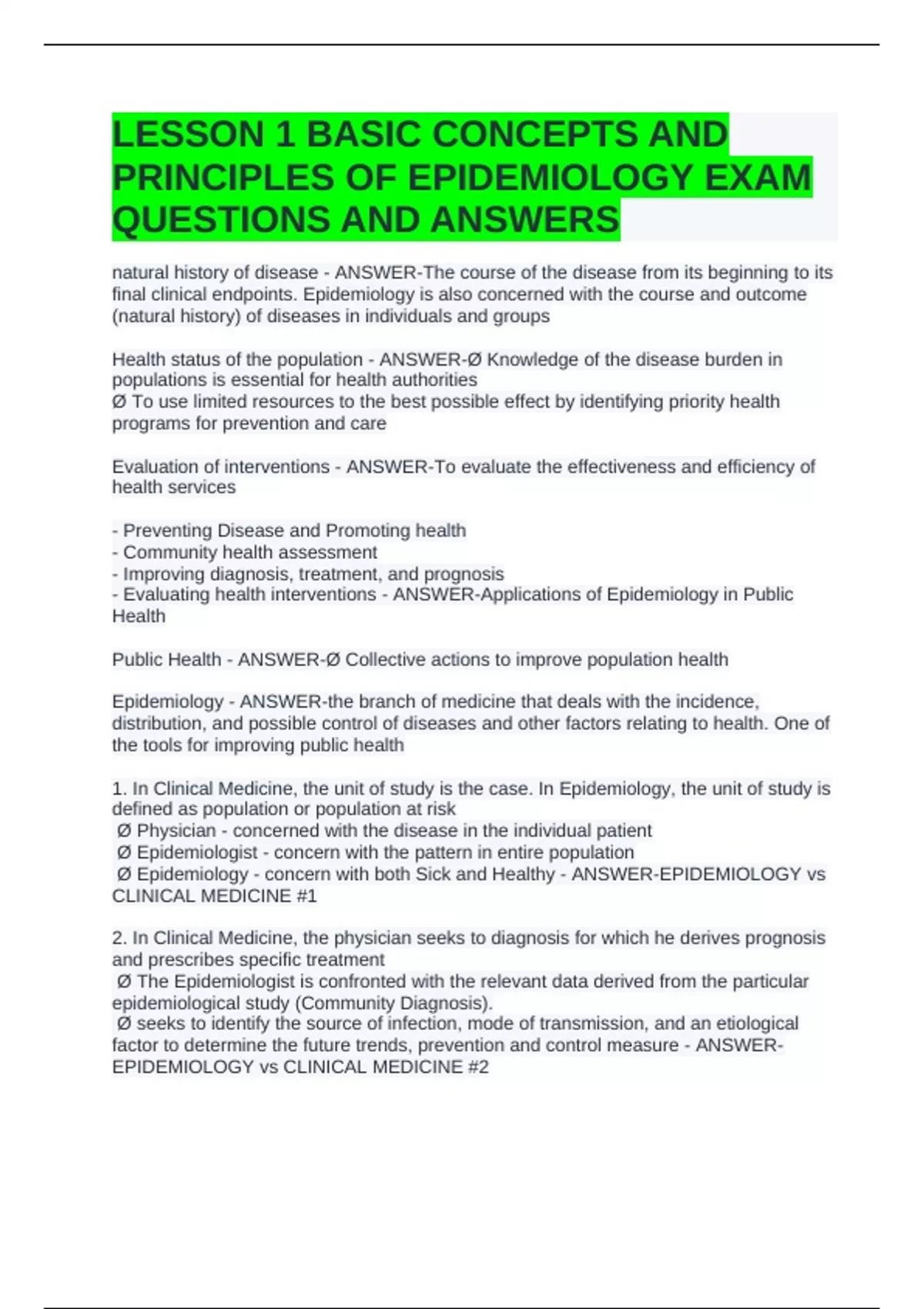 LESSON 1 BASIC CONCEPTS AND PRINCIPLES OF EPIDEMIOLOGY EXAM QUESTIONS AND ANSWERS - Epidemiology ...