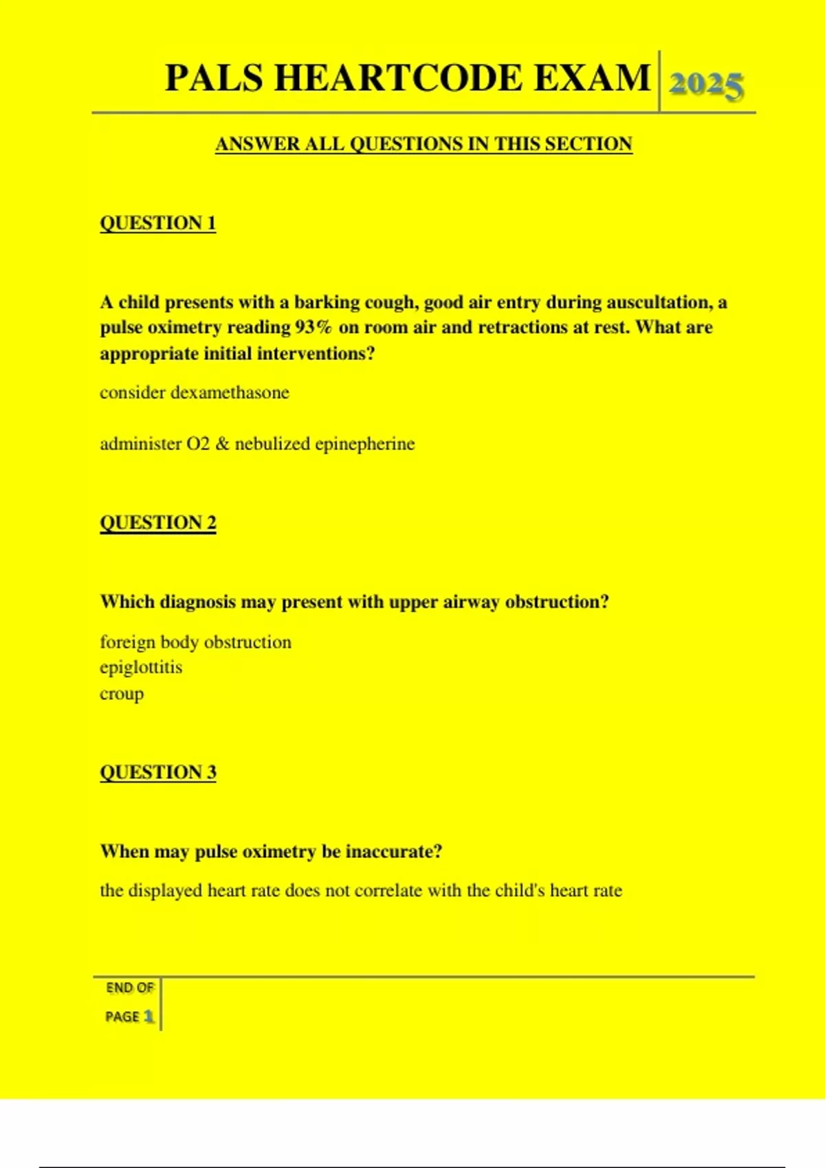 PALS HEARTCODE EXAM QUESTIONS AND ANSWERS 2025 - PALS HEARTCODE - Stuvia US