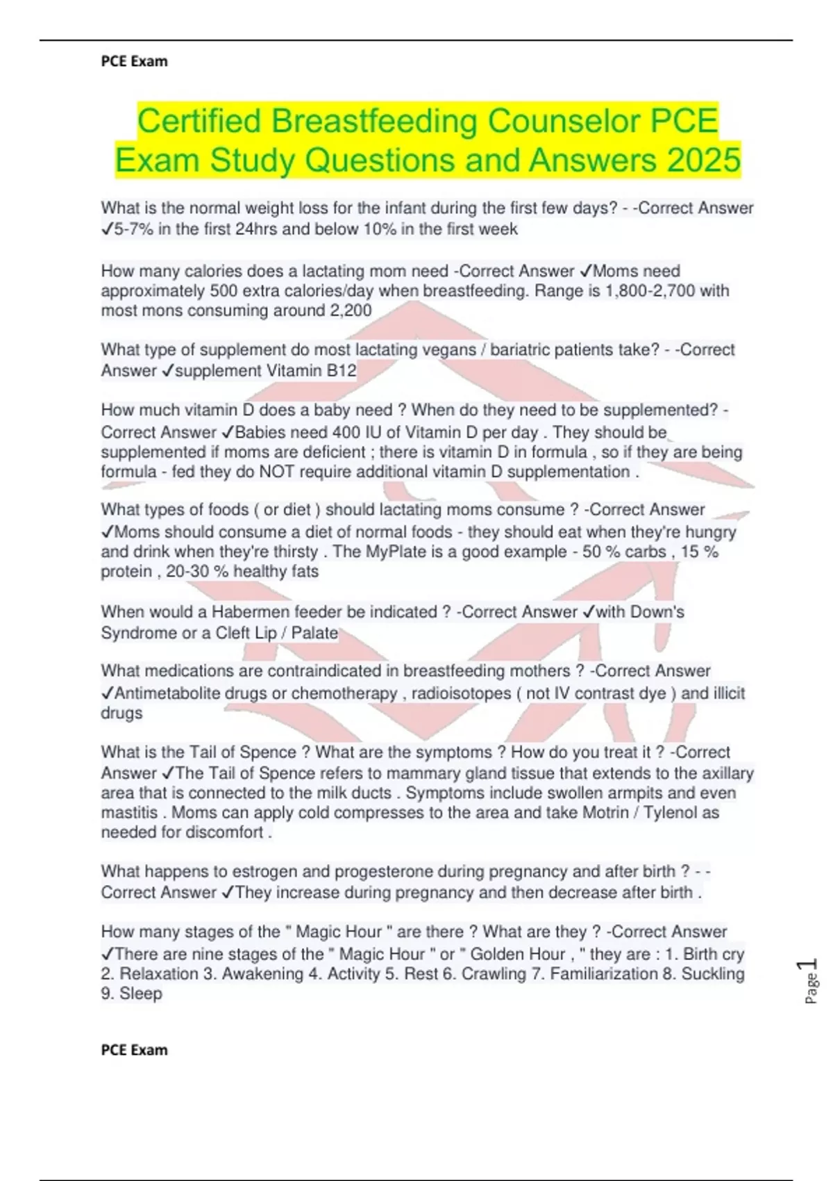 Certified Breastfeeding Counselor PCE Exam Study Questions and Answers 2025 - Certified ...