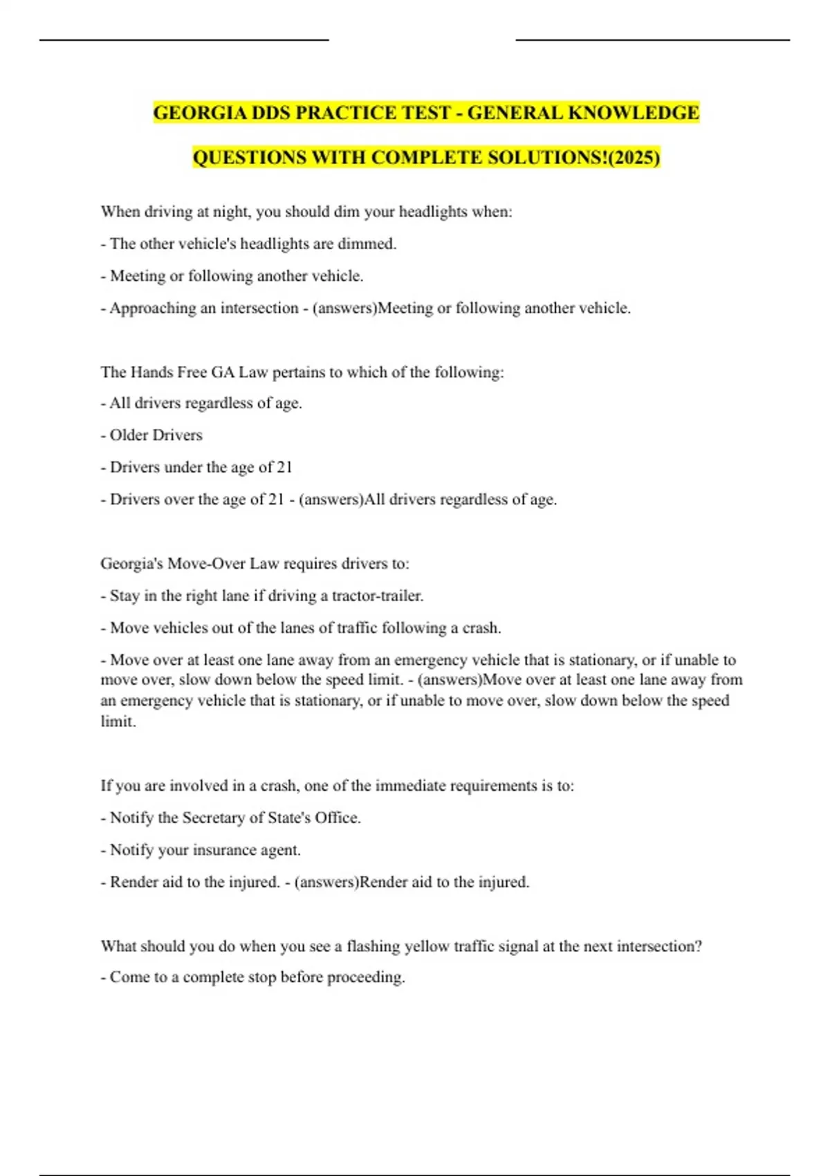 GEORGIA DDS PRACTICE TEST - GENERAL KNOWLEDGE QUESTIONS WITH COMPLETE ...