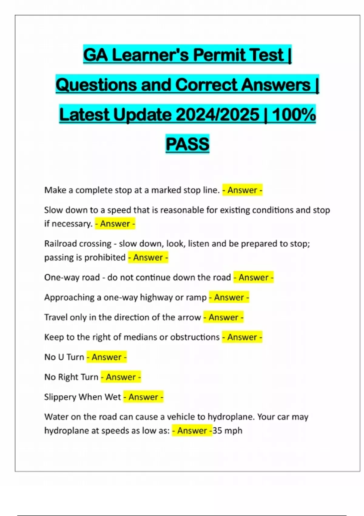 GA Learner's Permit Test | Questions and Correct Answers | Latest ...