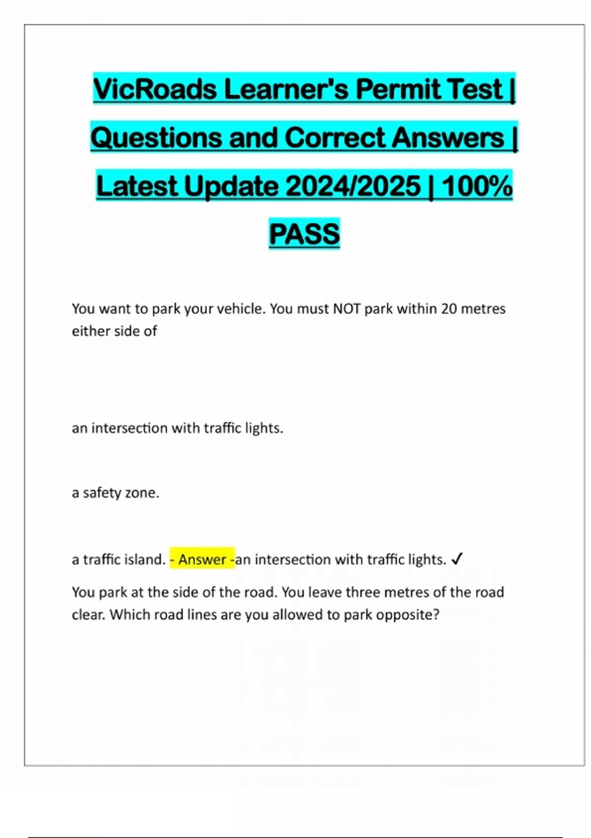 VicRoads Learner's Permit Test | Questions and Correct Answers | Latest ...