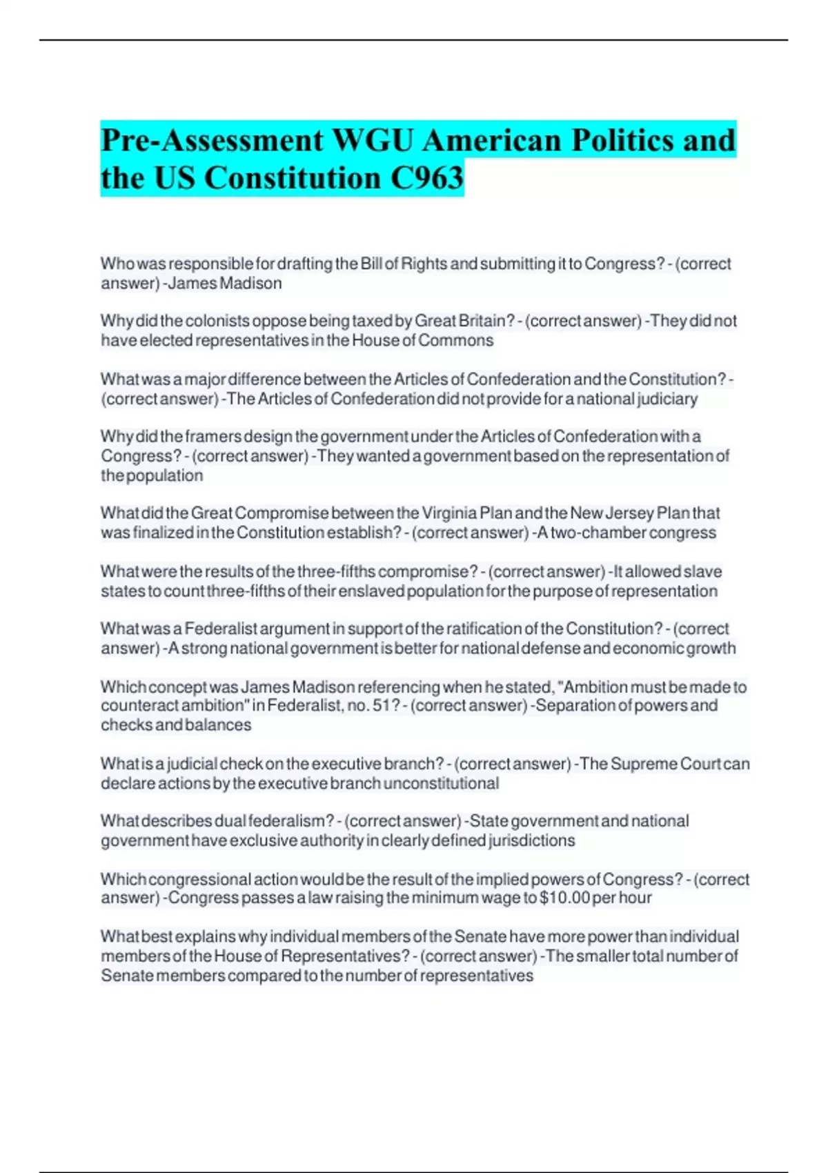Pre-Assessment WGU American Politics and the US Constitution C963 ...