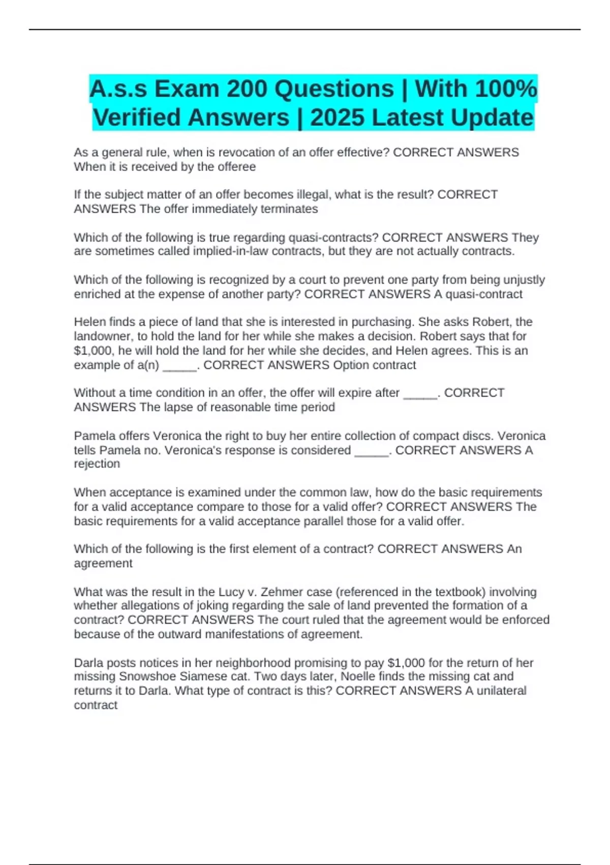 A.s.s Exam 200 Questions | With 100% Verified Answers | 2025 Latest ...