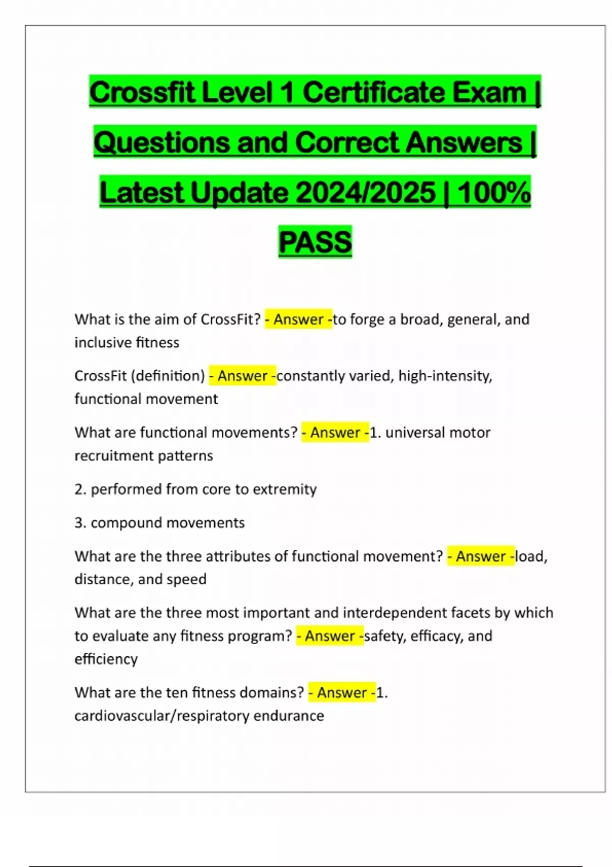 Crossfit Level 1 Certificate Exam | Questions and Correct Answers ...