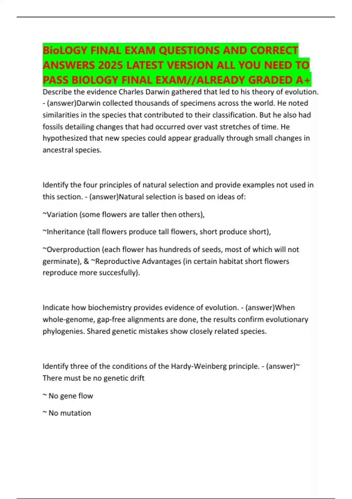 BioLOGY FINAL EXAM QUESTIONS AND CORRECT ANSWERS 2025 LATEST VERSION ...
