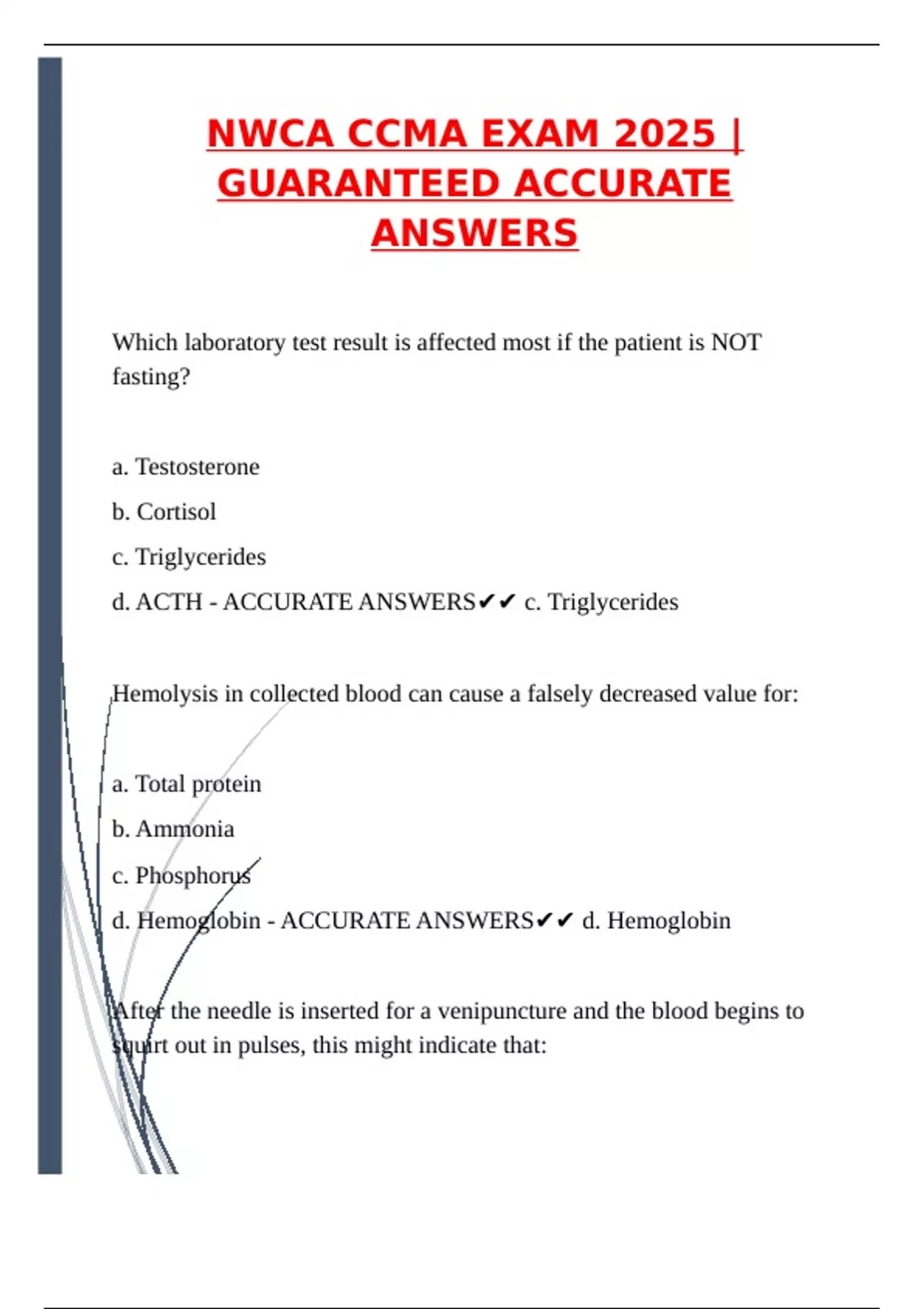 NWCA CCMA EXAM 2025 |GUARANTEED ACCURATE ANSWERS - NWCA CCMA - Stuvia US
