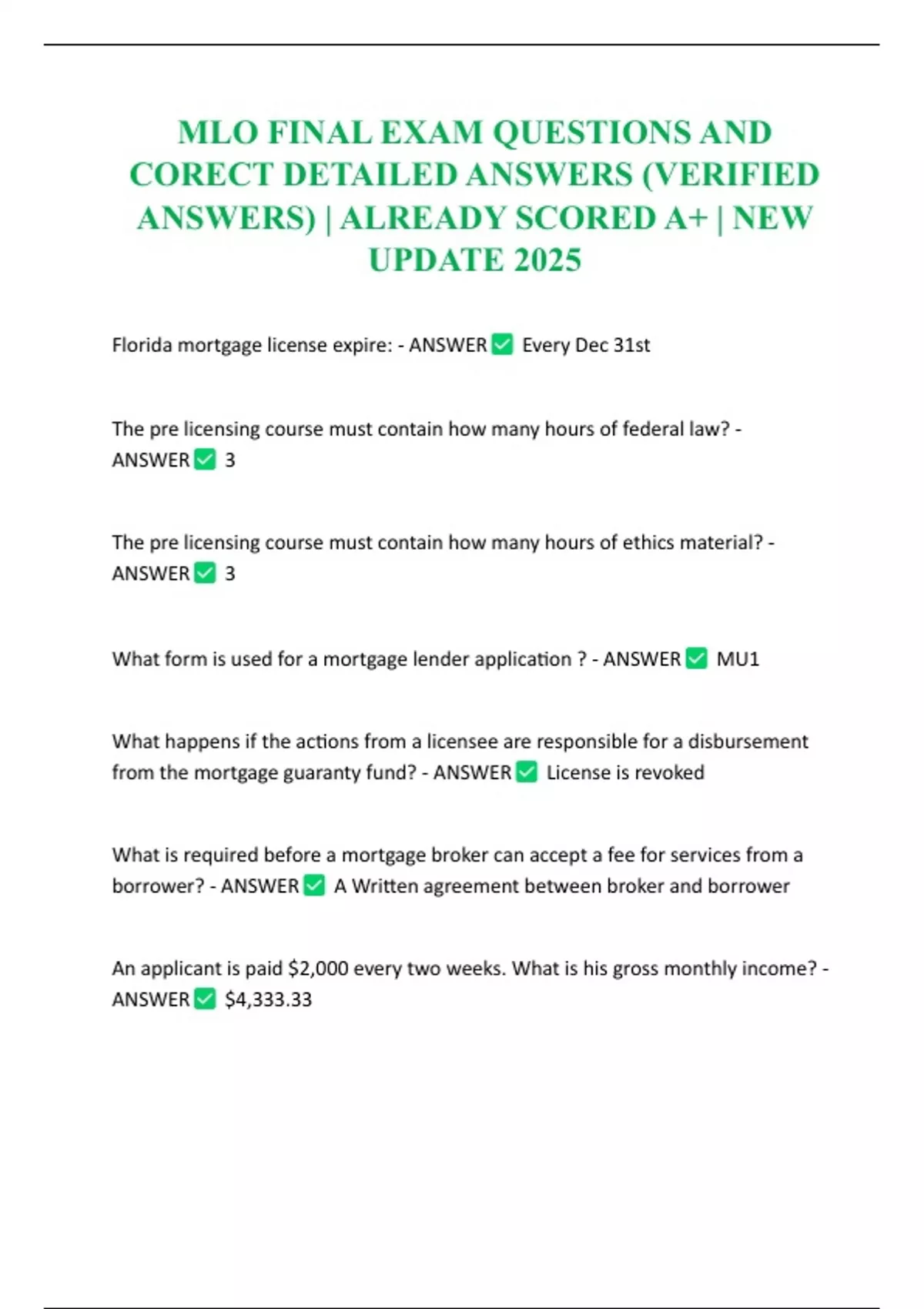 MLO FINAL EXAM QUESTIONS AND CORECT DETAILED ANSWERS (VERIFIED ANSWERS ...