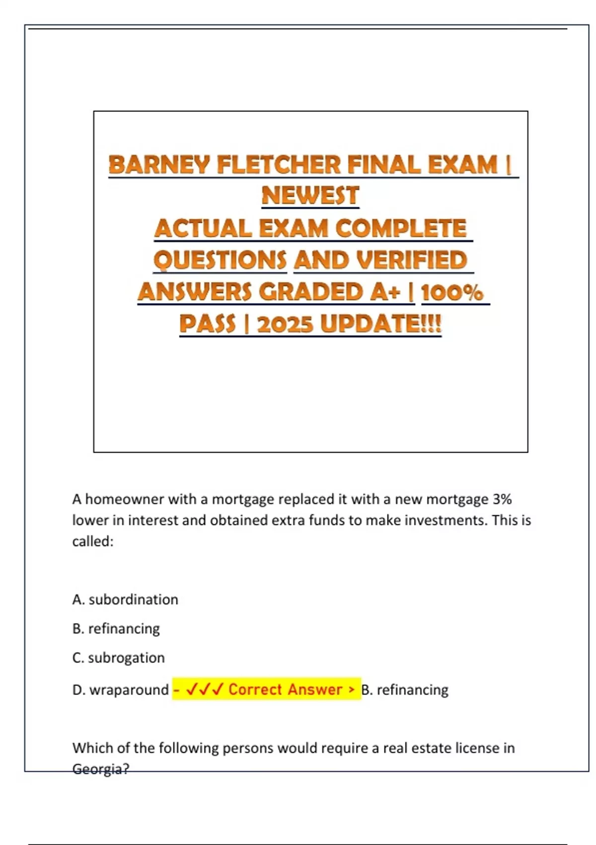 BARNEY FLETCHER FINAL EXAM | NEWEST ACTUAL EXAM COMPLETE QUESTIONS AND VERIFIED ANSWERS GRADED ...