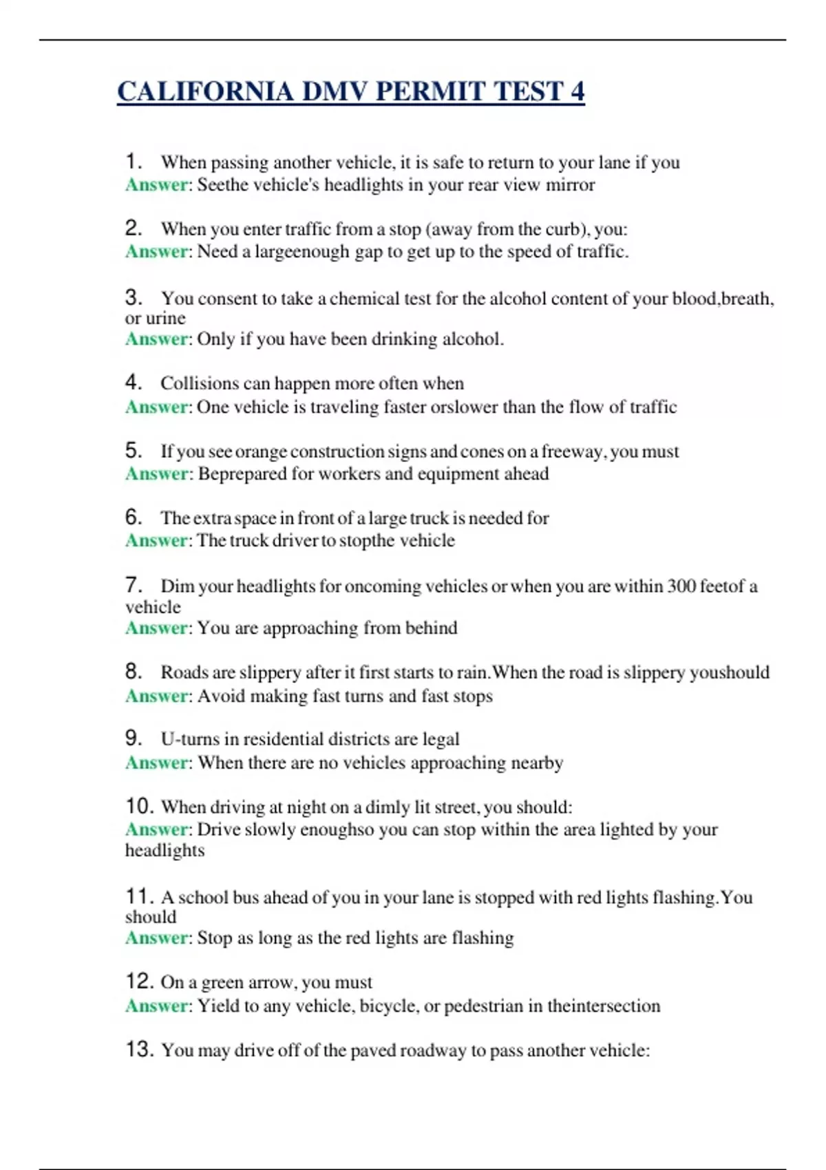 CALIFORNIA DMV PERMIT TEST 4 ( UPDATED 2025 ) | QUESTIONS WITH 100% ...