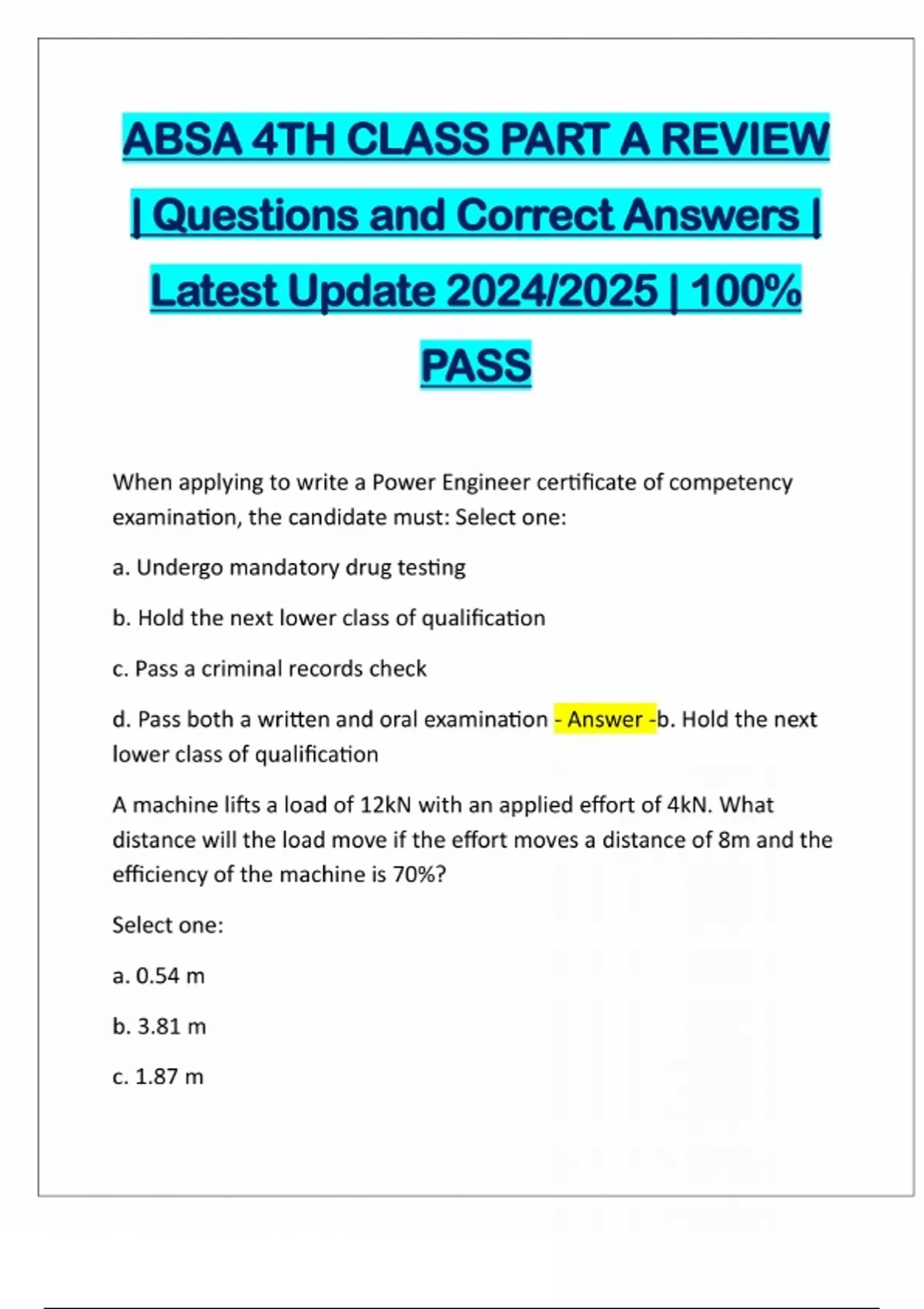 ABSA: 4th Class Part B - Comprehensive Exam 4 | Questions and Correct ...
