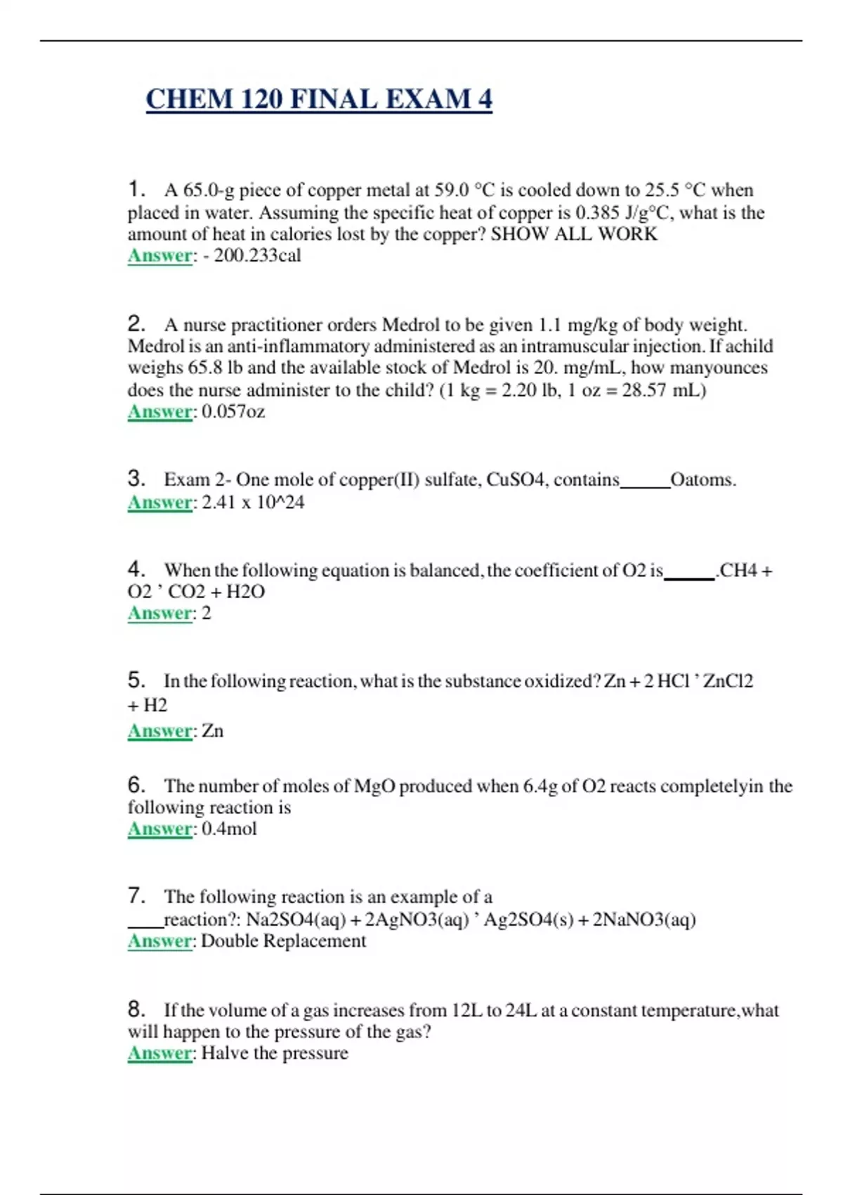 CHEM 120 FINAL EXAM 4 ( UPDATED 2025 ) | QUESTIONS WITH 100% VERIFIED ANSWERS AND COMPREHENSIVE ...