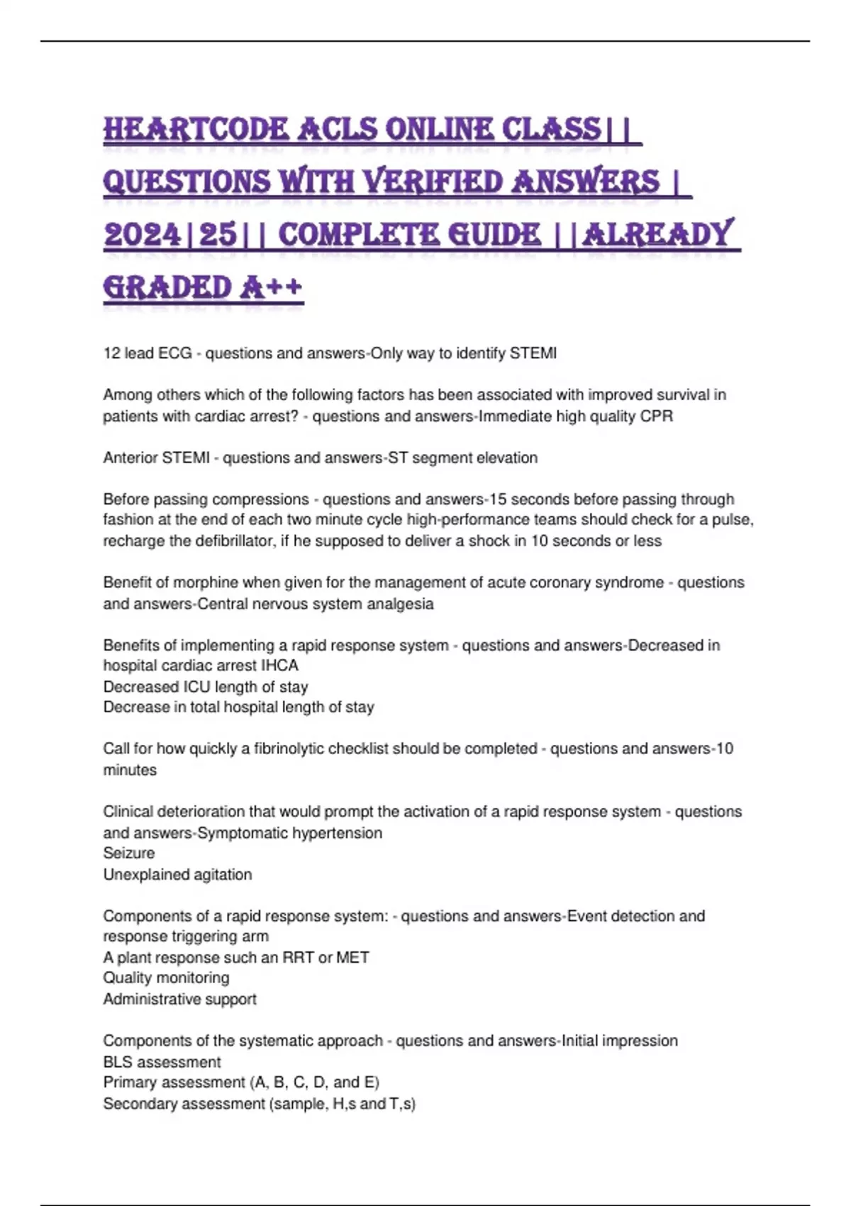 HEARTCODE ACLS ONLINE CLASS|| QUESTIONS WITH VERIFIED ANSWERS | 2024|25 ...