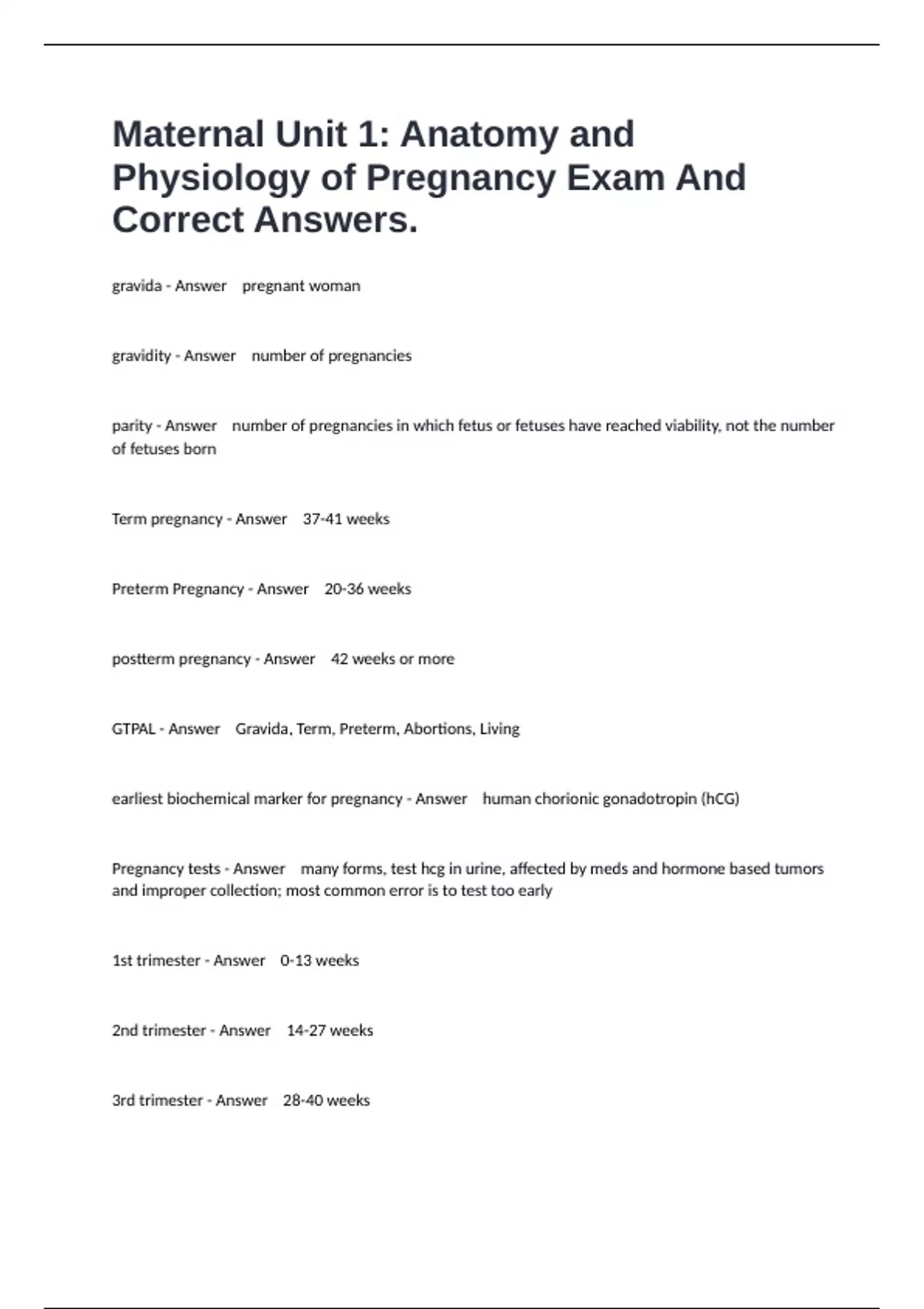Maternal Unit 1: Anatomy and Physiology of Pregnancy Exam And Correct ...
