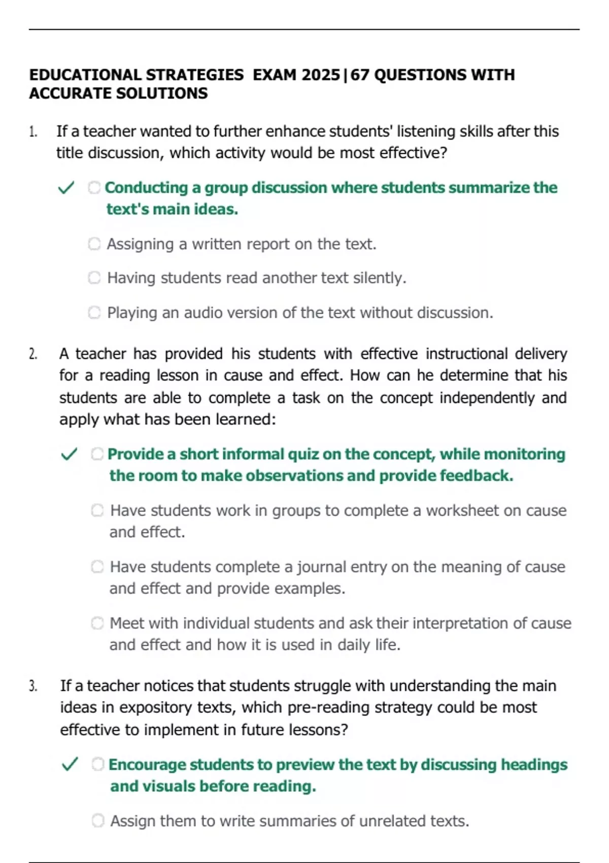 EDUCATIONAL STRATEGIES EXAM 2025|67 QUESTIONS WITH ACCURATE SOLUTIONS ...