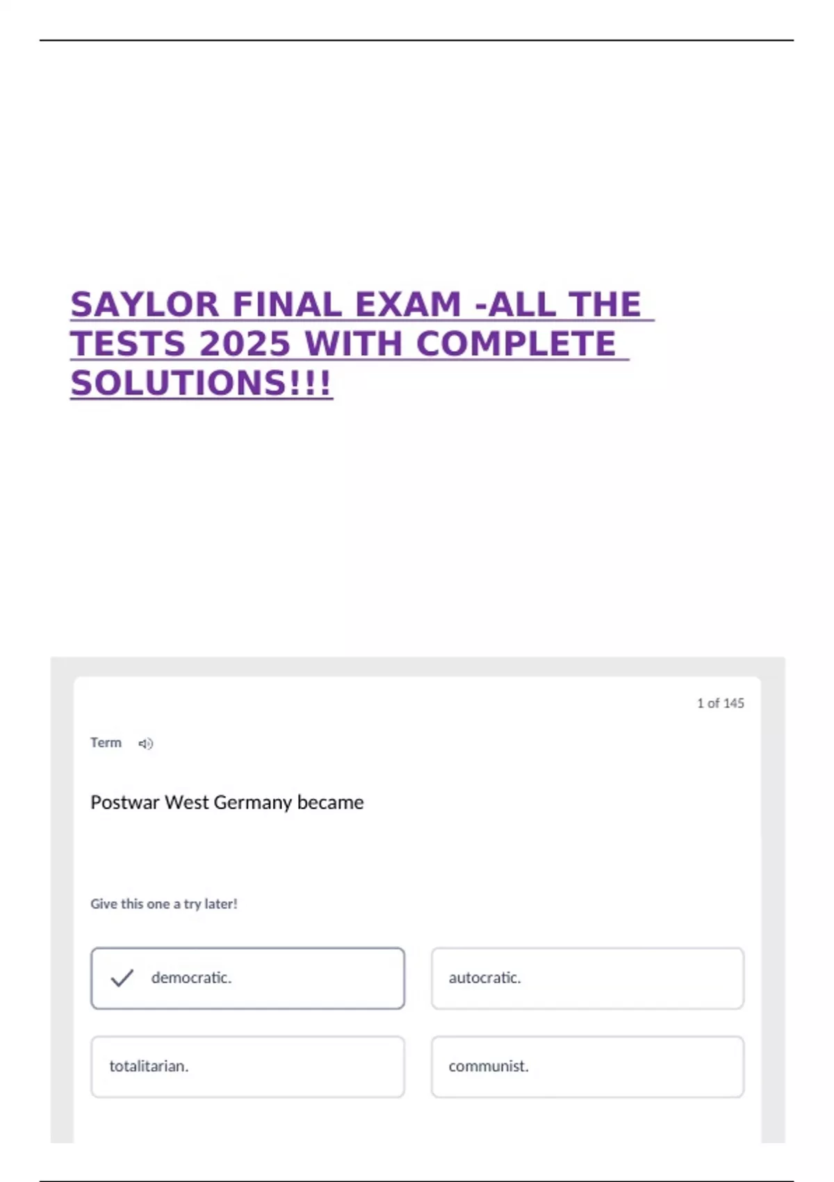 SAYLOR FINAL EXAM -ALL THE TESTS 2025 WITH COMPLETE SOLUTIONS ...