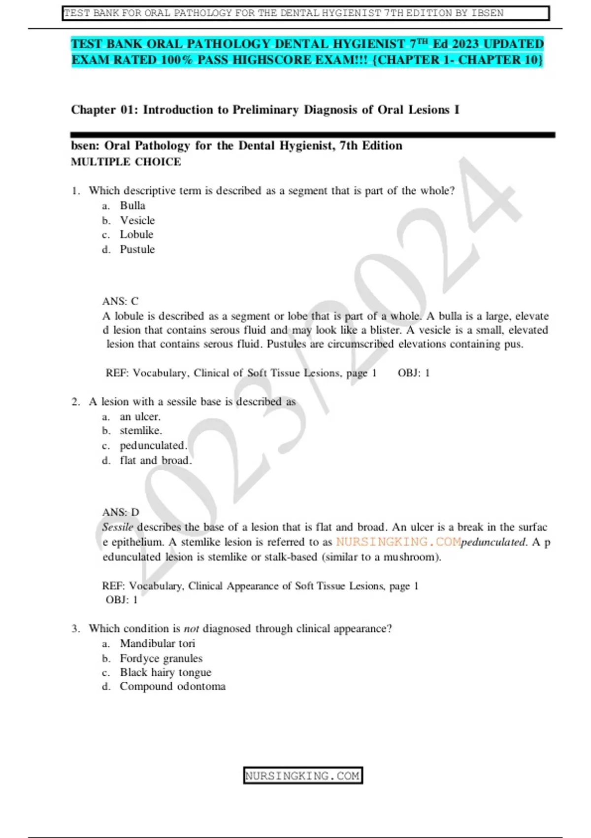Test Bank For Oral Pathology for the Dental Hygienist 8th Edition by ...