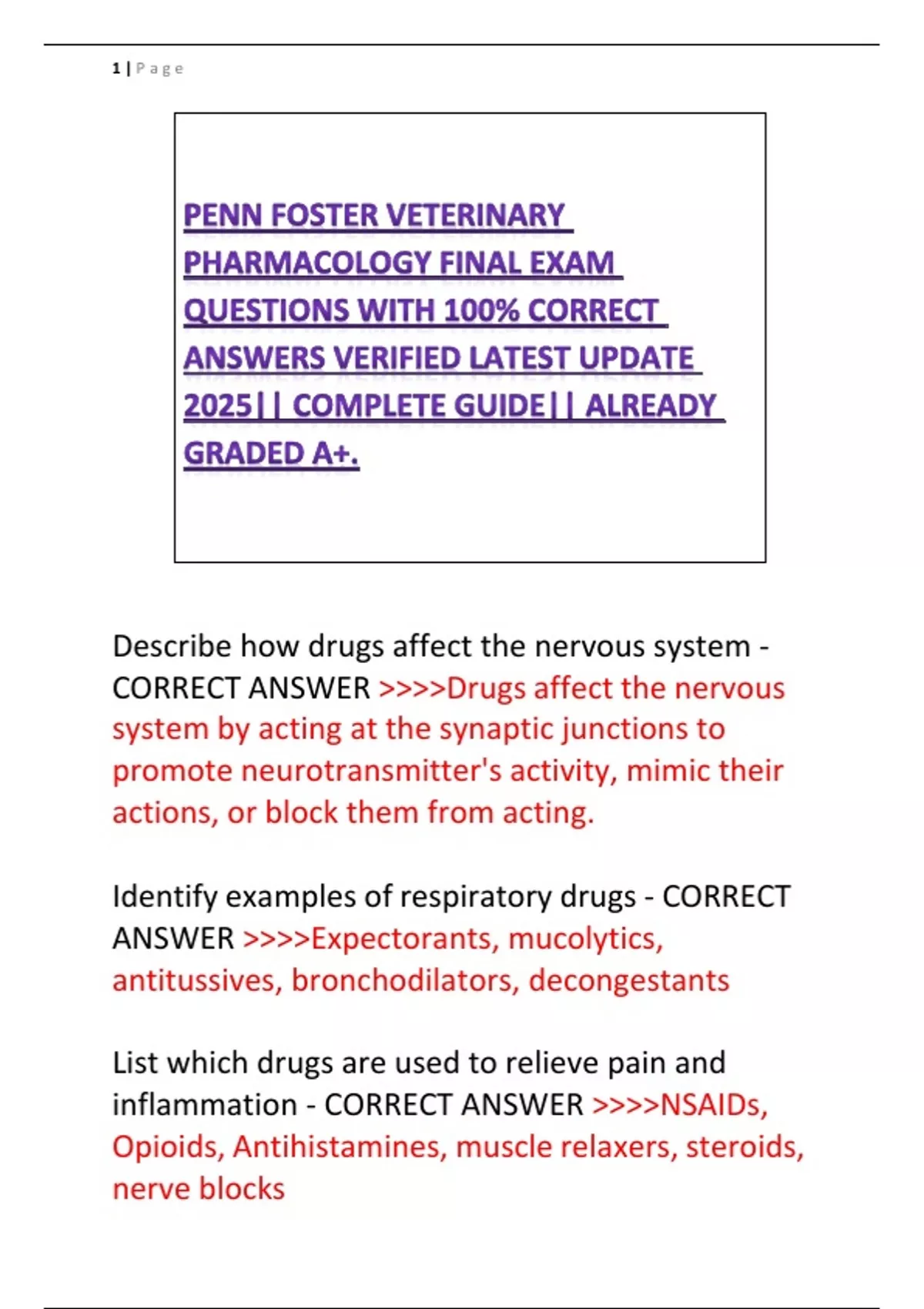 PENN FOSTER VETERINARY PHARMACOLOGY FINAL EXAM QUESTIONS WITH 100% ...