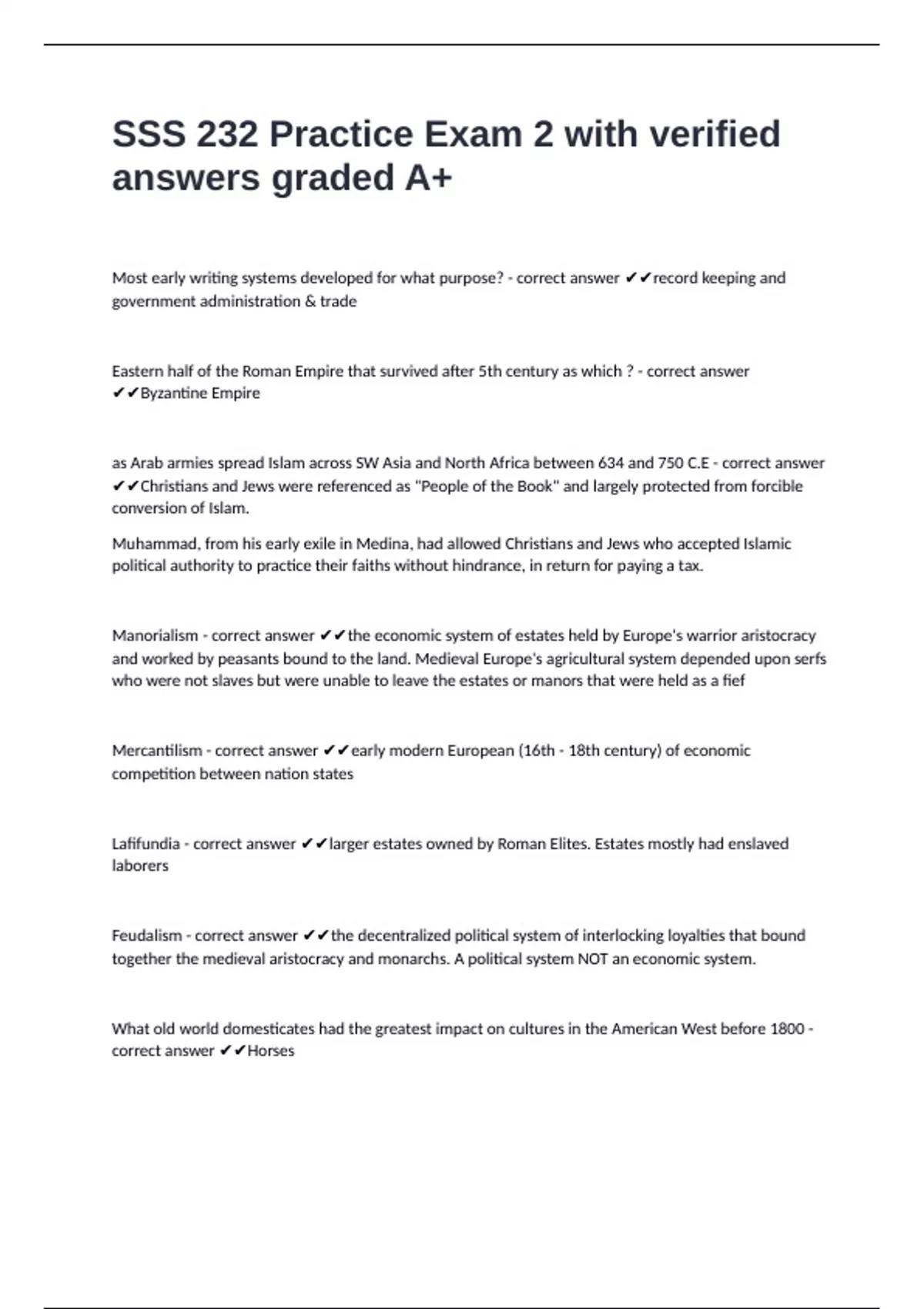 SSS 232 Practice Exam 2 with verified answers graded A+ - SSS 232 ...