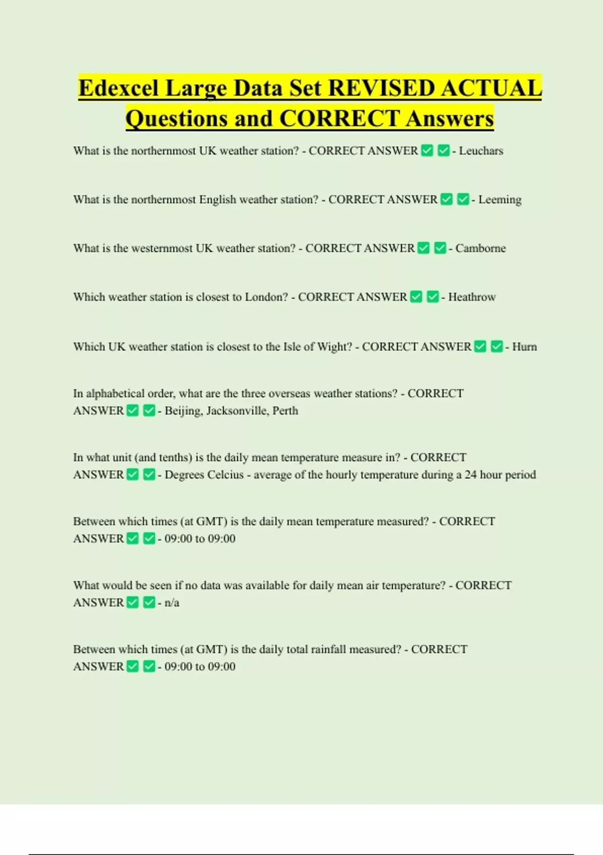 Edexcel Large Data Set REVISED ACTUAL Questions and CORRECT Answers ...