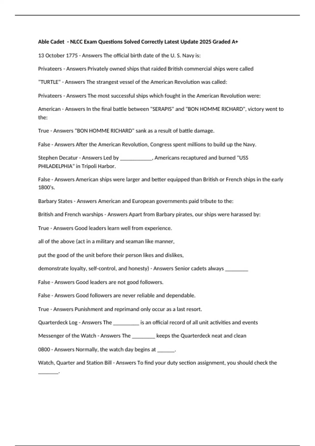 Able Cadet - NLCC Exam Questions Solved Correctly Latest Update 2025 ...