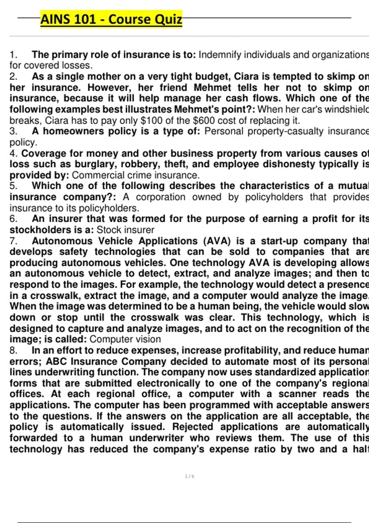 AINS 101 Course Quiz exam with verified questions and answers 2025 ...