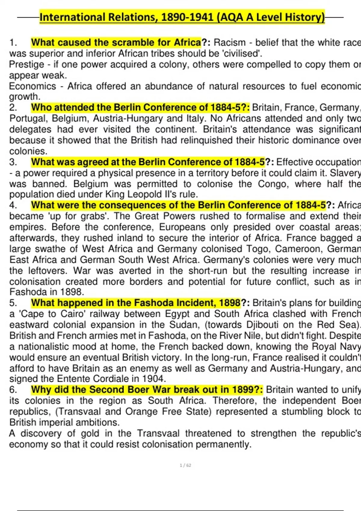 International Relations, (AQA A Level History). exam with verified ...