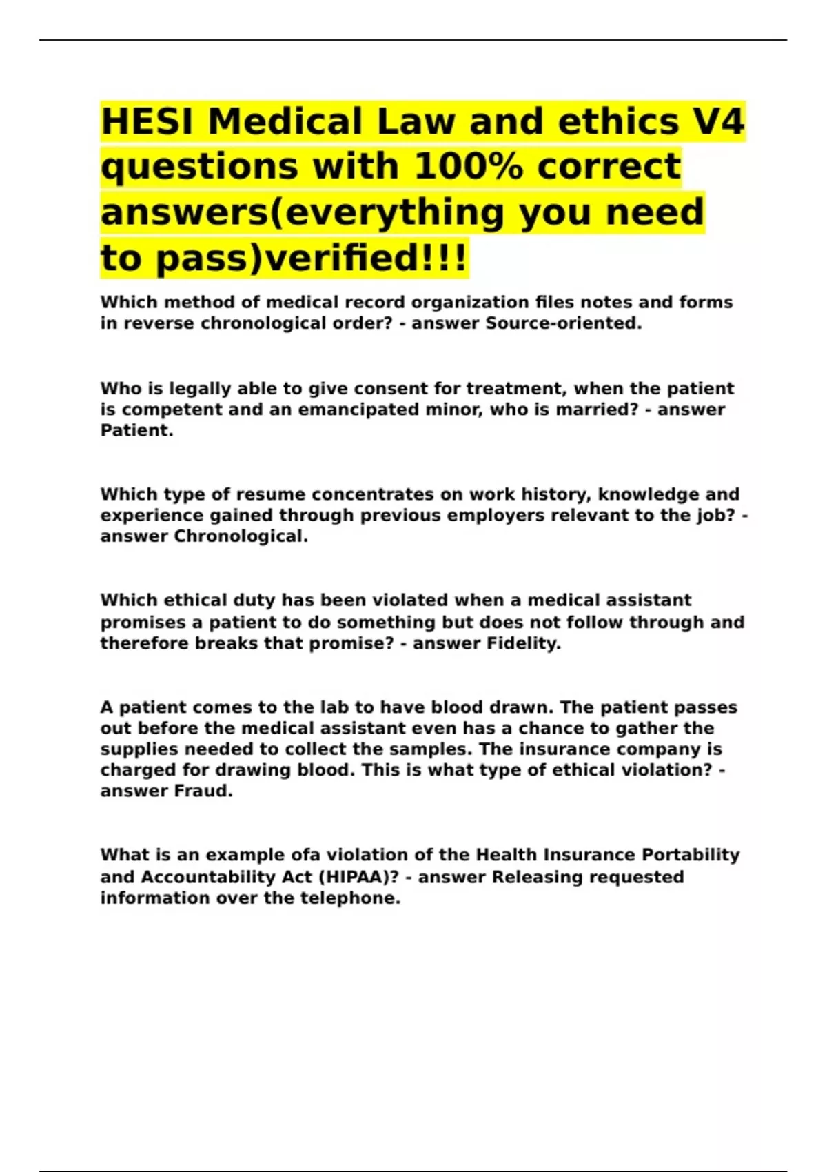 HESI Medical Law and ethics V4 questions with 100- correct answers ...