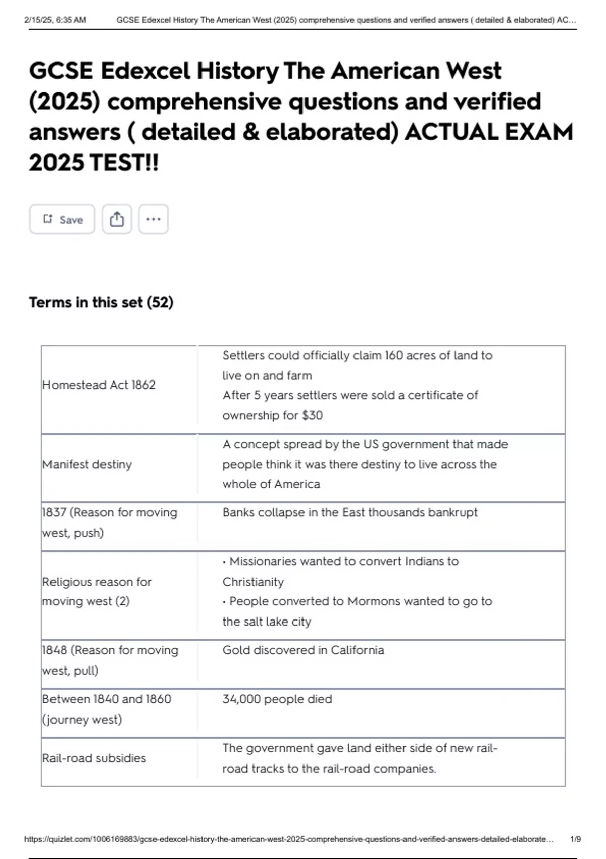 GCSE Edexcel History The American West (2025) comprehensive questions and verified answers ...